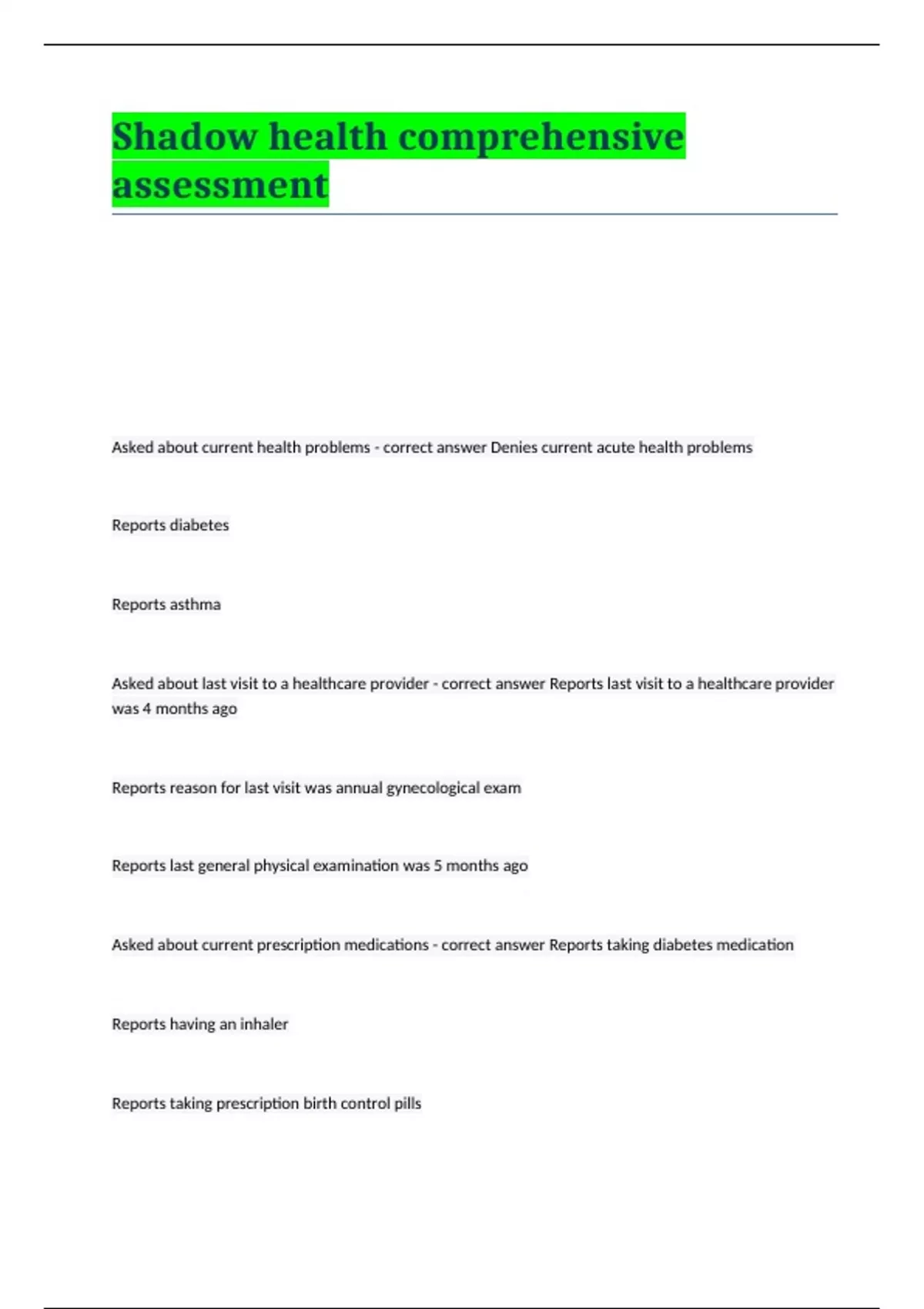 Shadow health comprehensive assessment with correct answers - Shadow ...