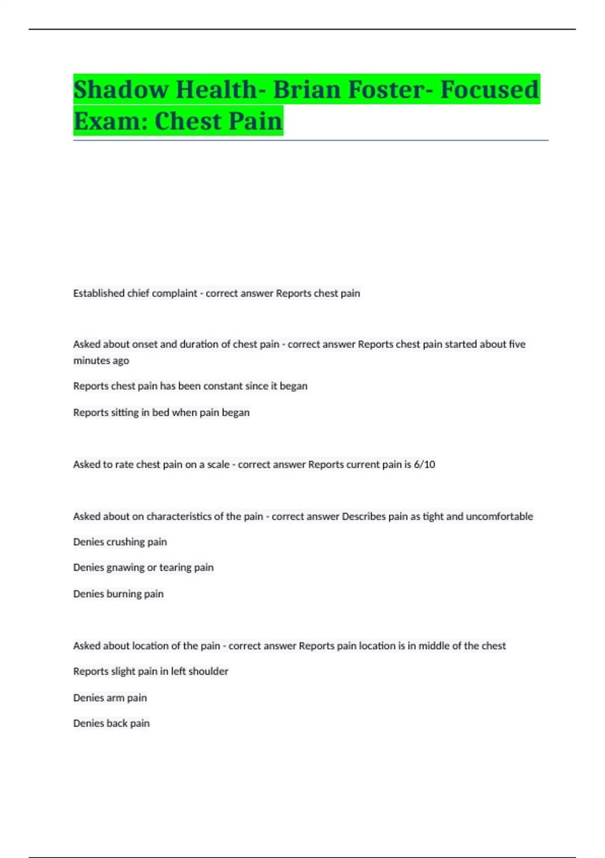 Shadow Health- Brian Foster- Focused Exam: Chest Pain with correct ...