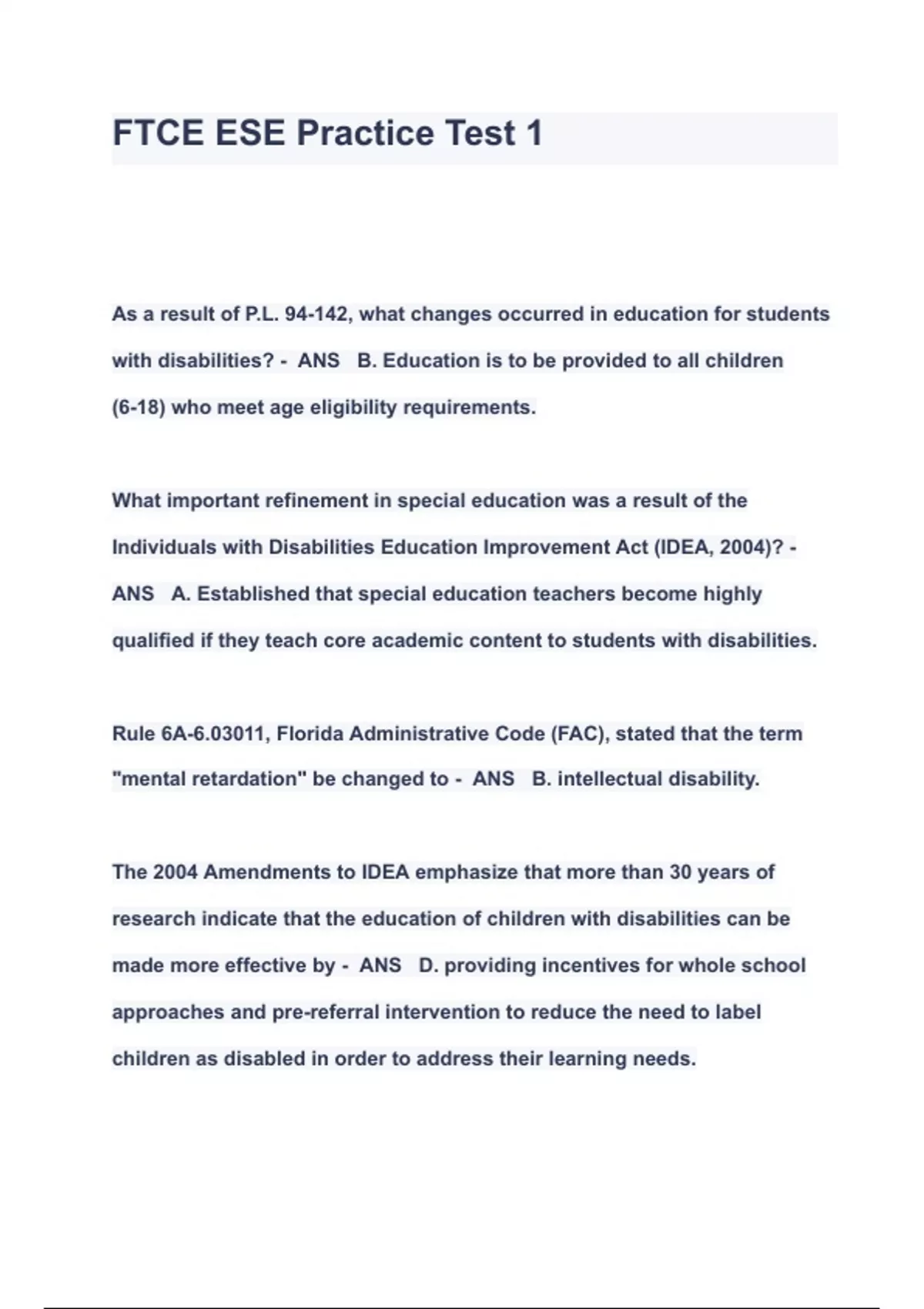 FTCE ESE Practice Test 1 QUESTIONS & ANSWERS 2023 ( A+ GRADED 100% ...