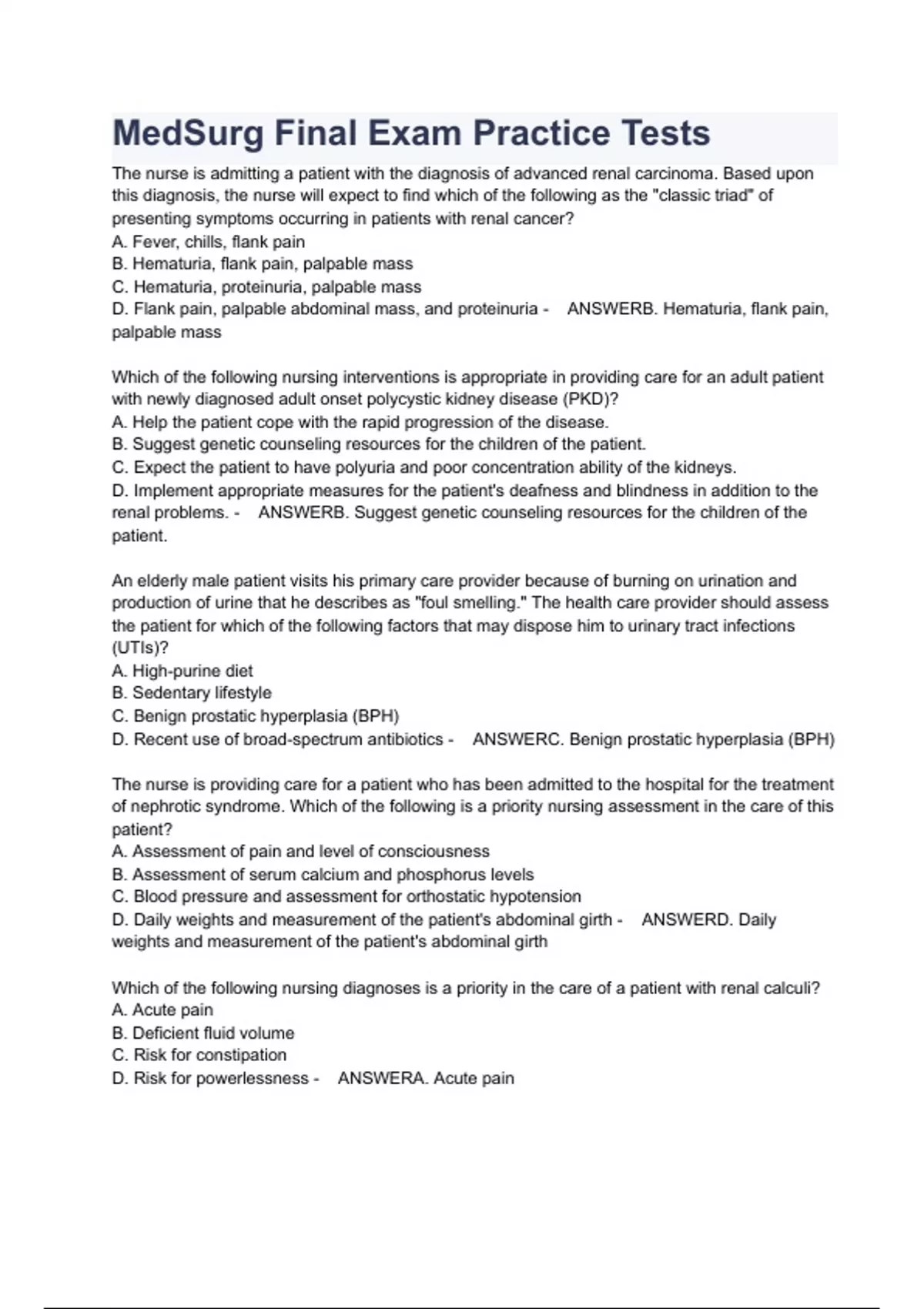 MedSurg Final Exam Practice Tests WITH MOST ACCURATE ANSWERS LATEST ...