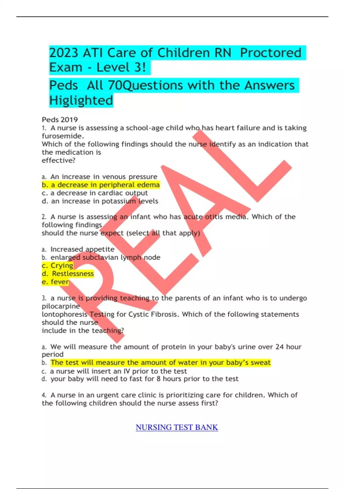 2023 ATI Care of Children RN Proctored Exam - Level 3! Peds All ...
