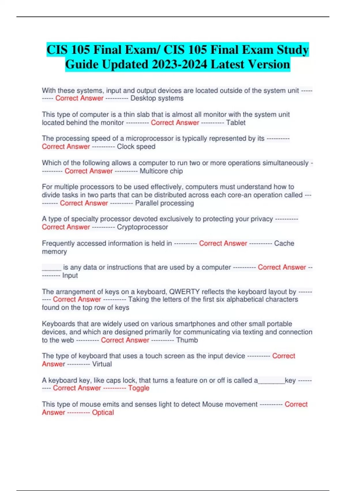 CIS 105 Final Exam/ CIS 105 Final Exam Study Guide Updated Latest ...