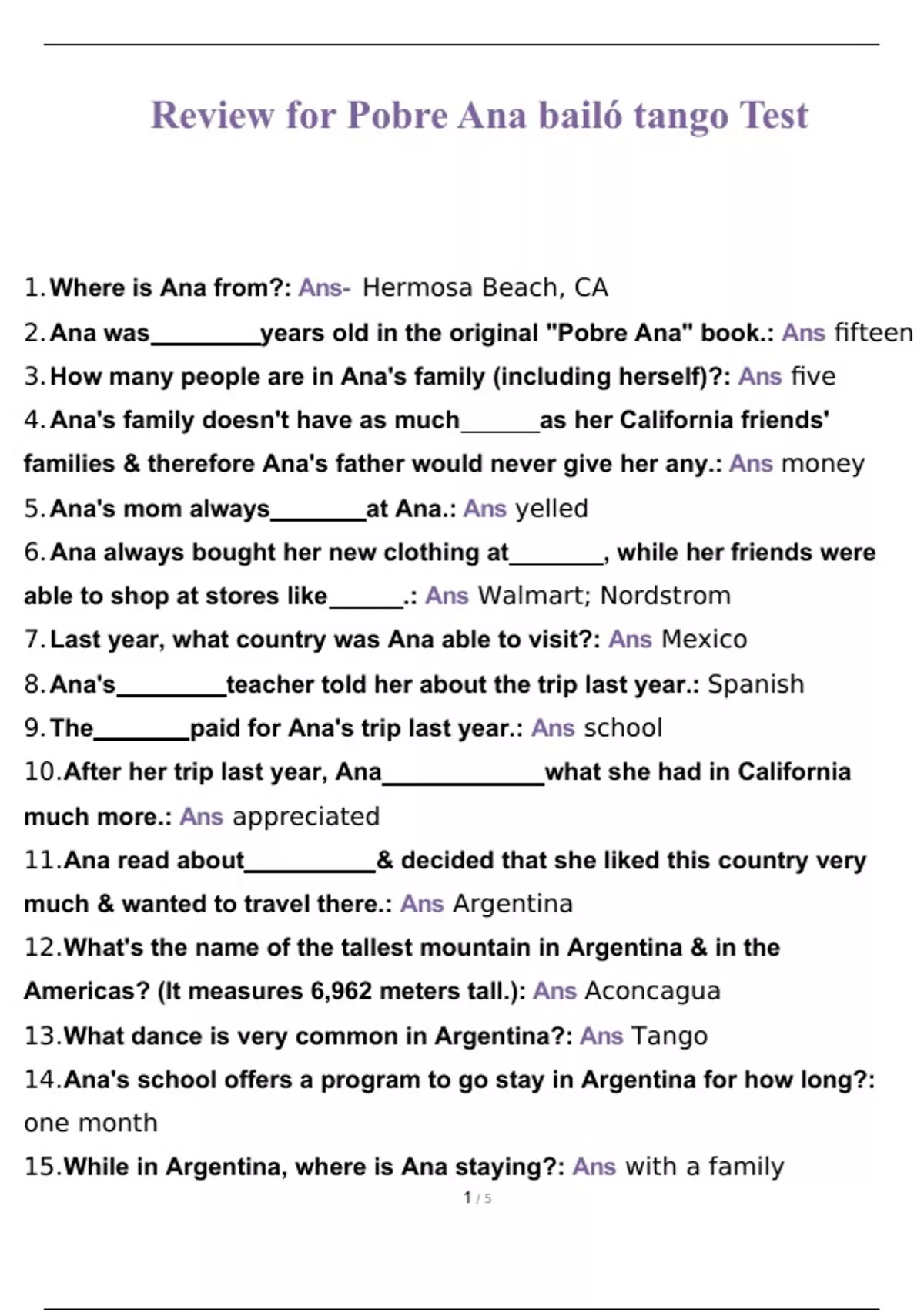 Review for Pobre Ana bailó tango Test Updated 2023 Questions with all ...