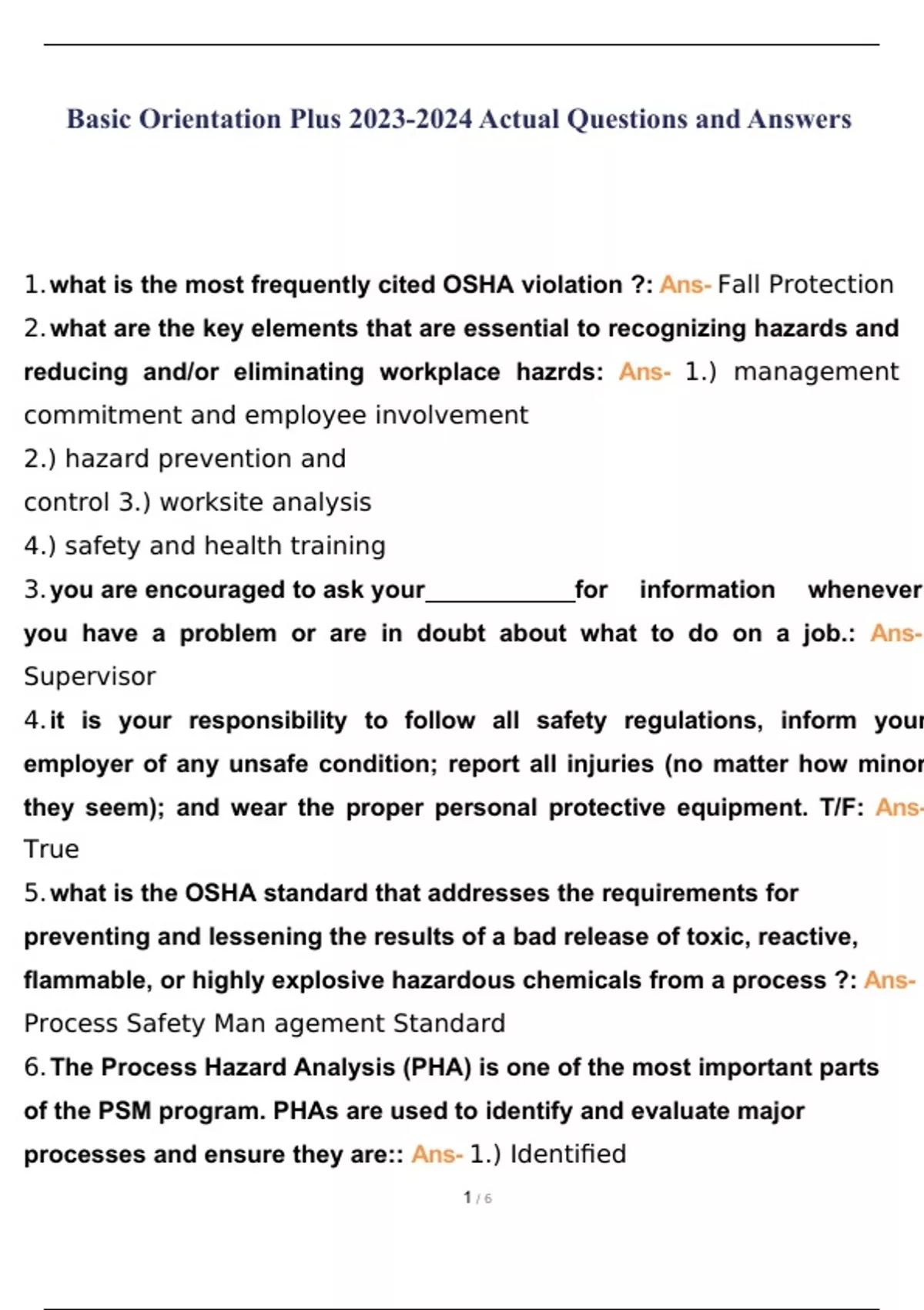 Basic Orientation Plus Actual Questions and Answers 100% Verified ...