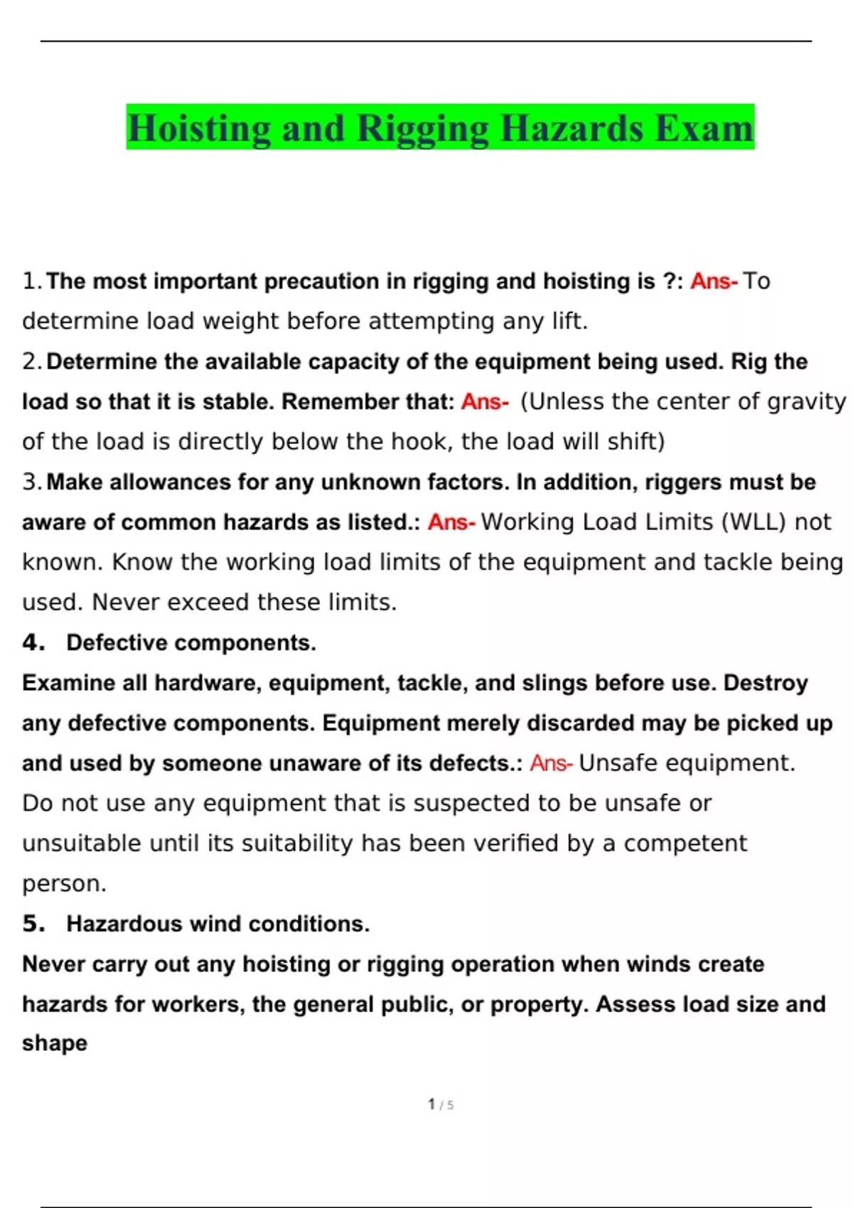 Hoisting and Rigging Hazards Exam 2023 with complete solution ...