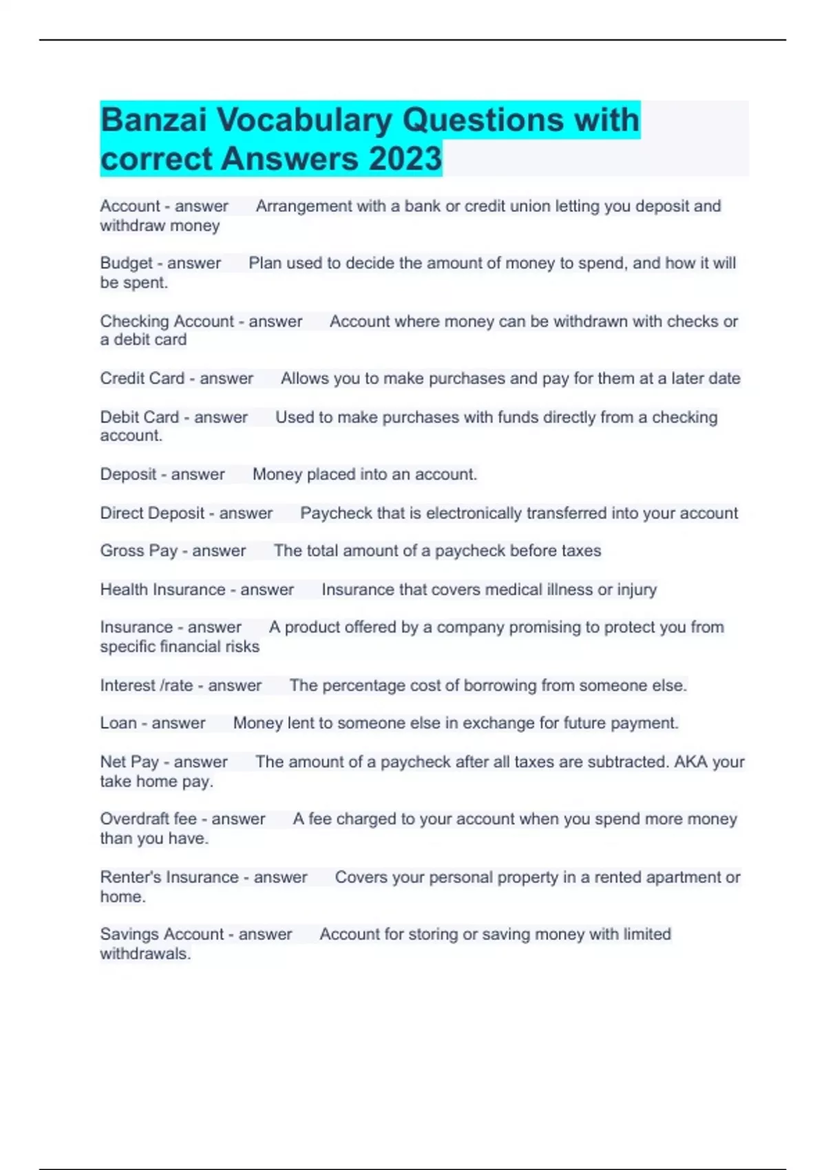 Banzai Vocabulary Questions with correct Answers 2023 - Banzai - Stuvia US