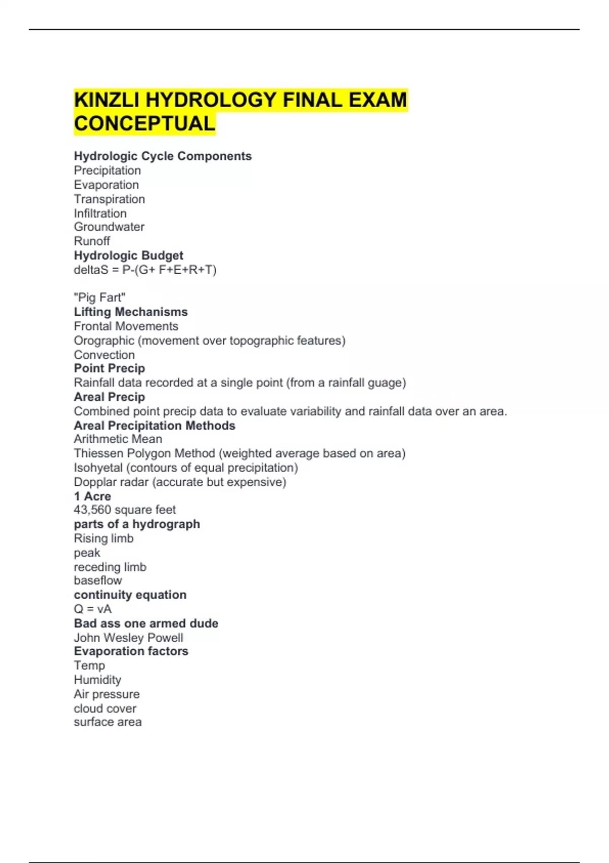 KINZLI HYDROLOGY FINAL EXAM CONCEPTUAL - KINZLI HYDROLOGY - Stuvia US