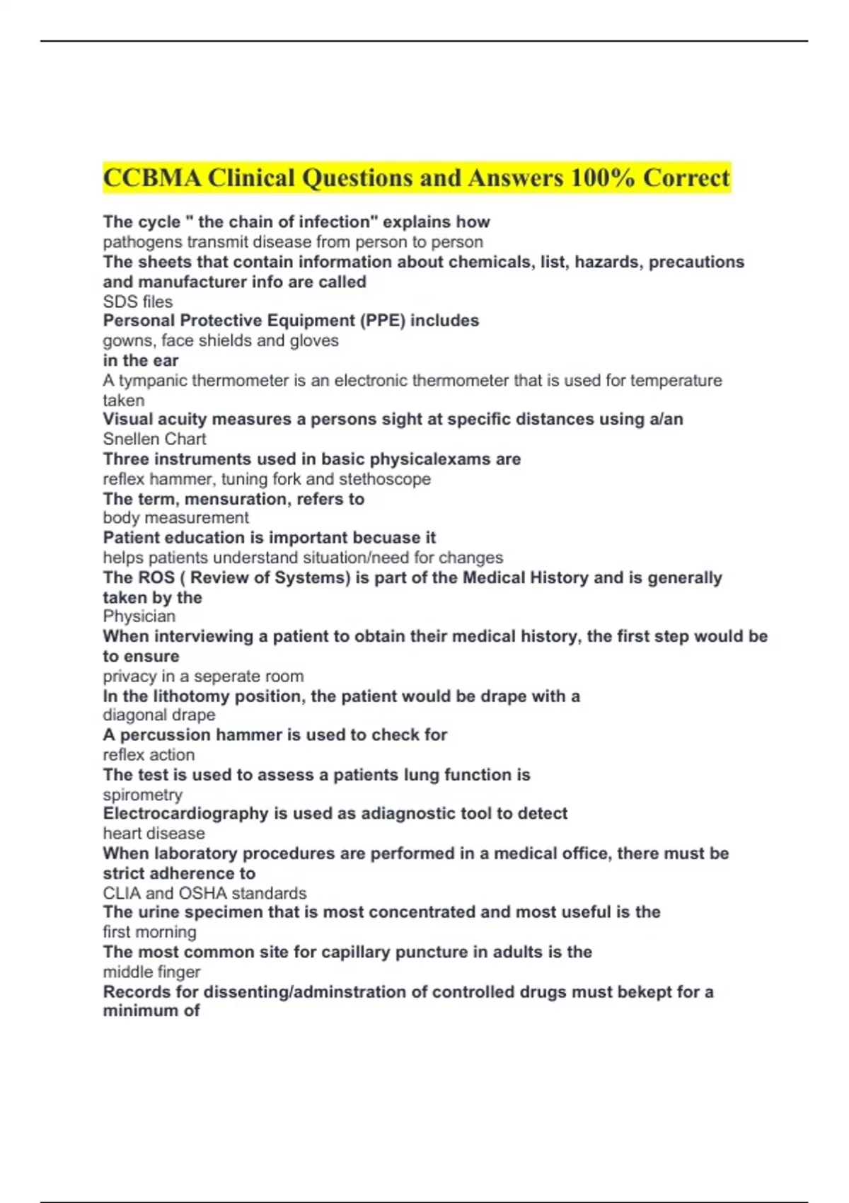 CCBMA Clinical Questions and Answers 100% Correct - CCBMA - Stuvia US