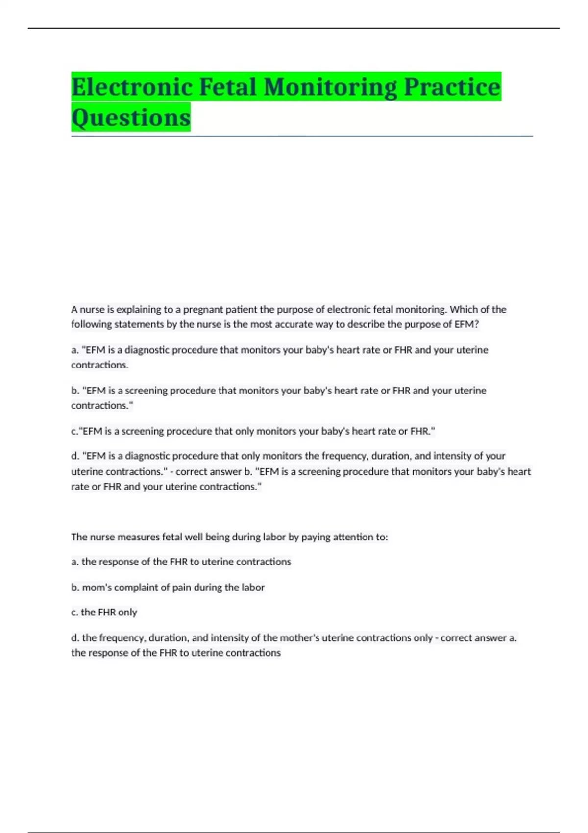 Electronic Fetal Monitoring Practice Questions with correct answers ...