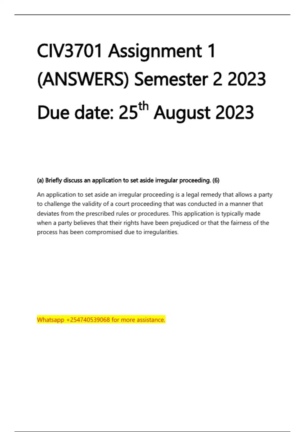 CIV3701 Assignment 1 (ANSWERS) Semester 2 2023 Due date: 25th August 2023 - CIV3701 - Stuvia SA