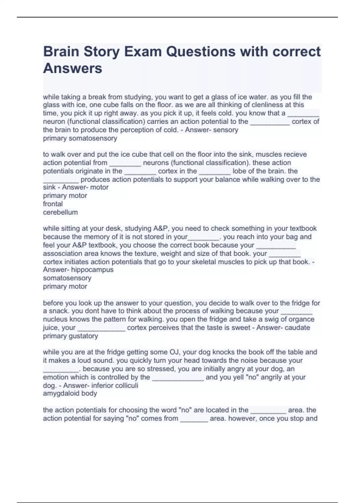 Brain Story Exam Questions with correct Answers - Brain Story - Stuvia US