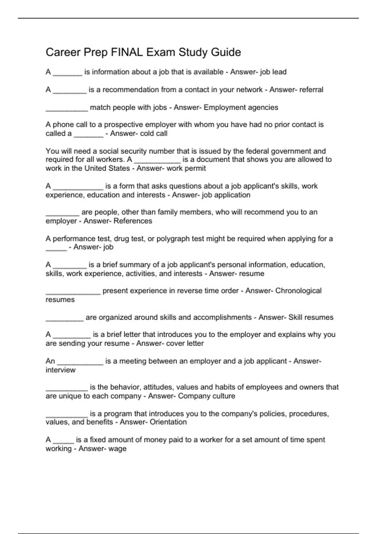 Career Prep FINAL Exam Study Guide - Career - Stuvia US