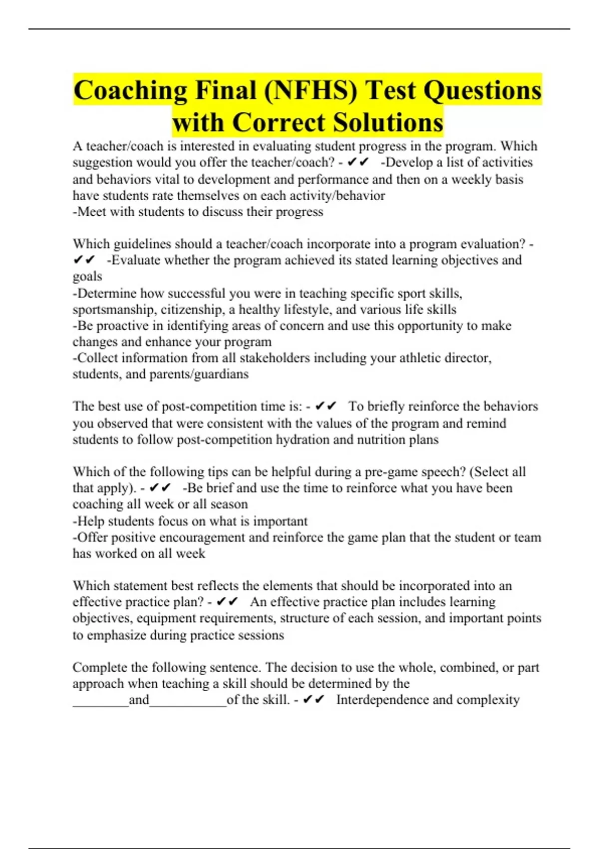 Coaching Final (NFHS) Test Questions with Correct Solutions - Coaching ...