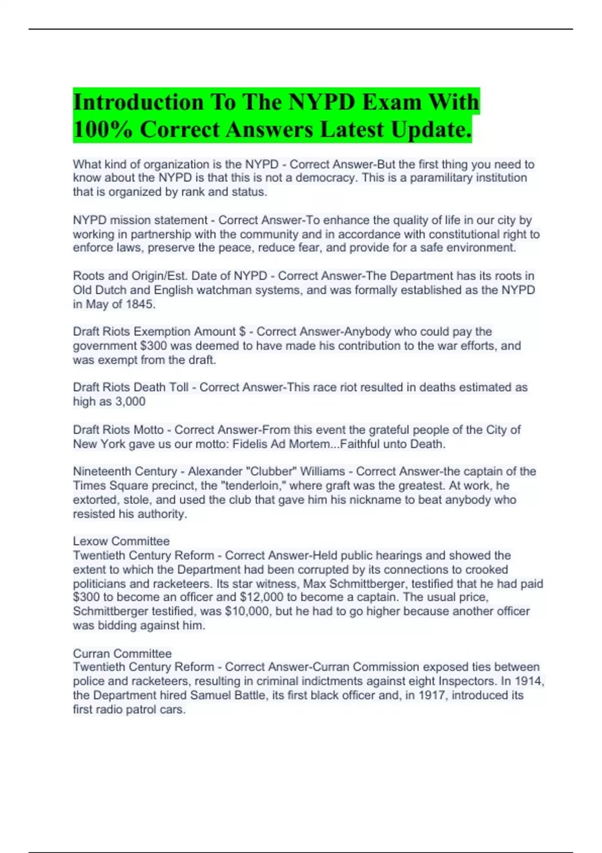 Introduction To The NYPD Exam With 100% Correct Answers Latest Update ...