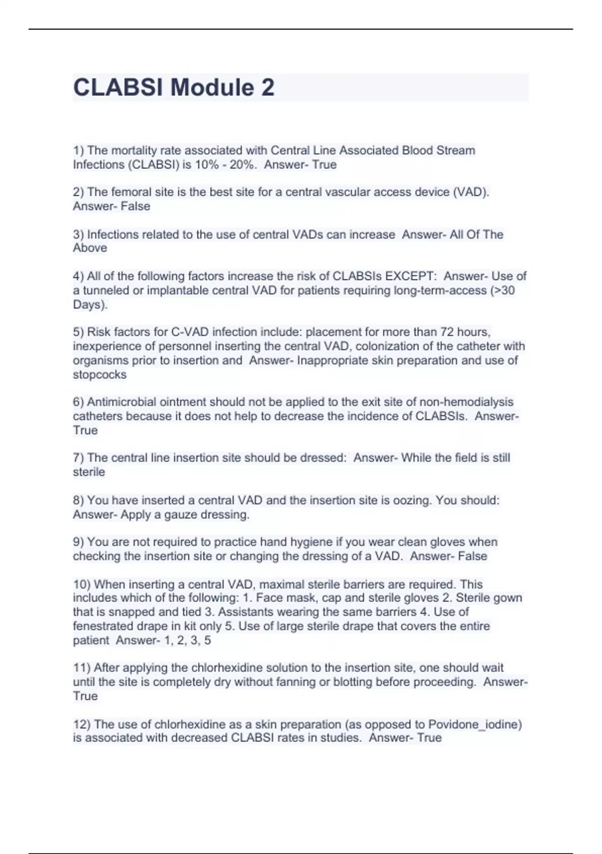 CLABSI Module 2 - CLABSI - Stuvia US