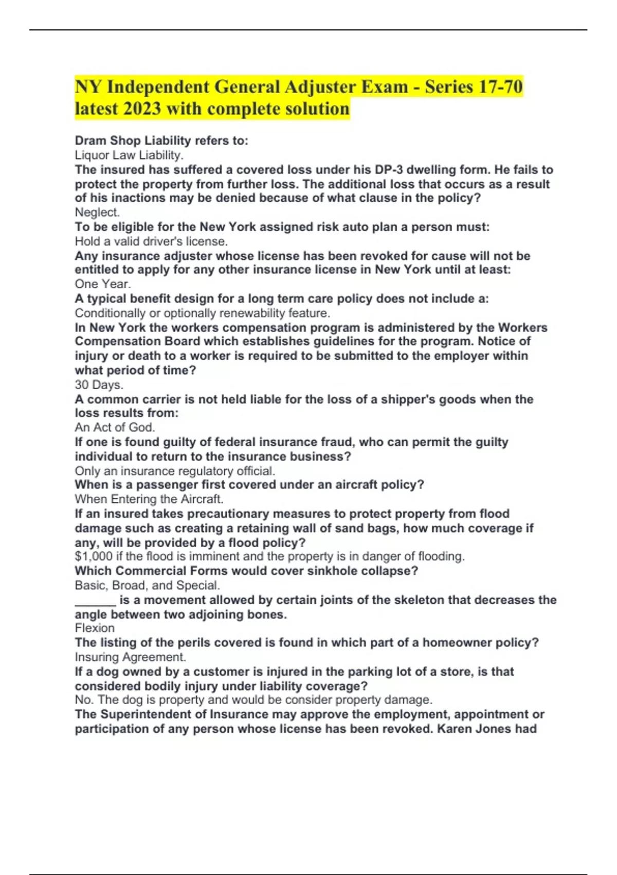 NY Independent General Adjuster Exam - Series 17-70 latest 2023 with ...