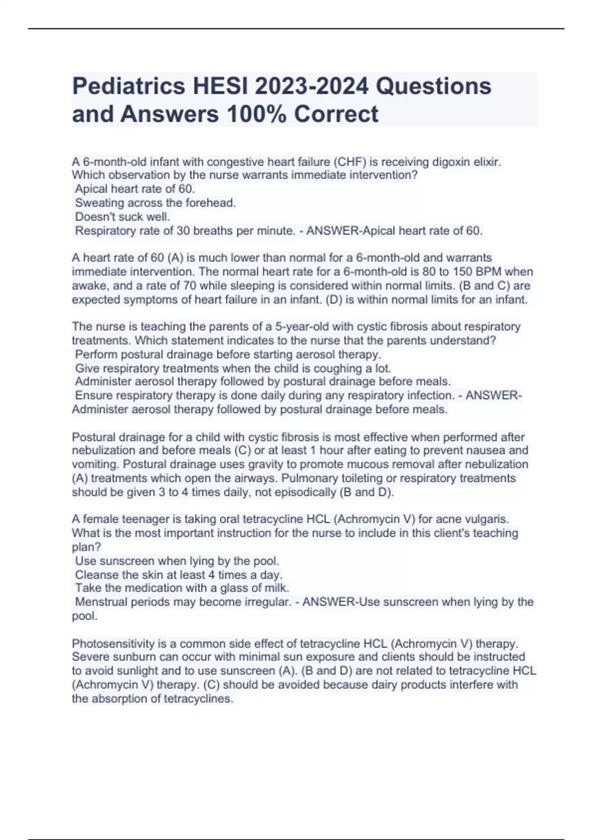 Pediatrics HESI Questions and Answers 100% Correct - Pediatrics HESI ...