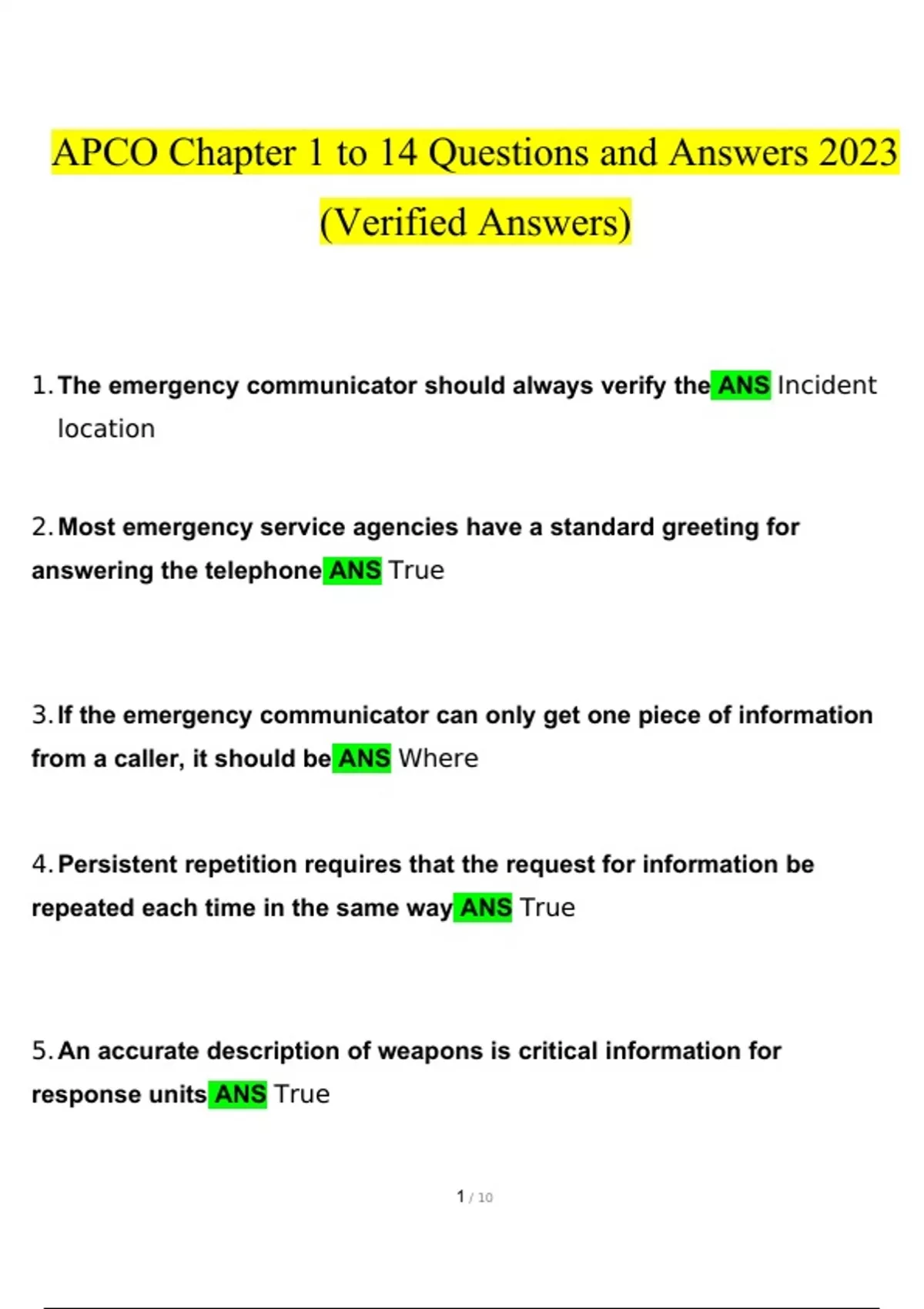 APCO Chapter 1 to 14. questions and answers} Latest % correct answers ...