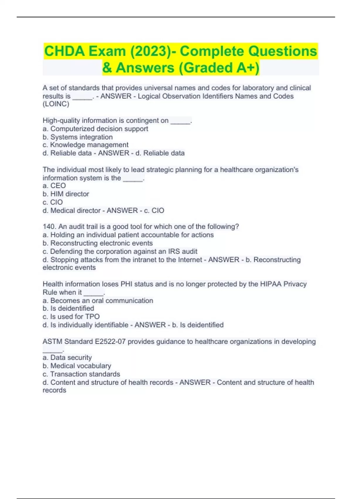 CHDA Exam (2023)- Complete Questions & Answers (Graded A+) - CHDA- Certified Health Data Analyst ...