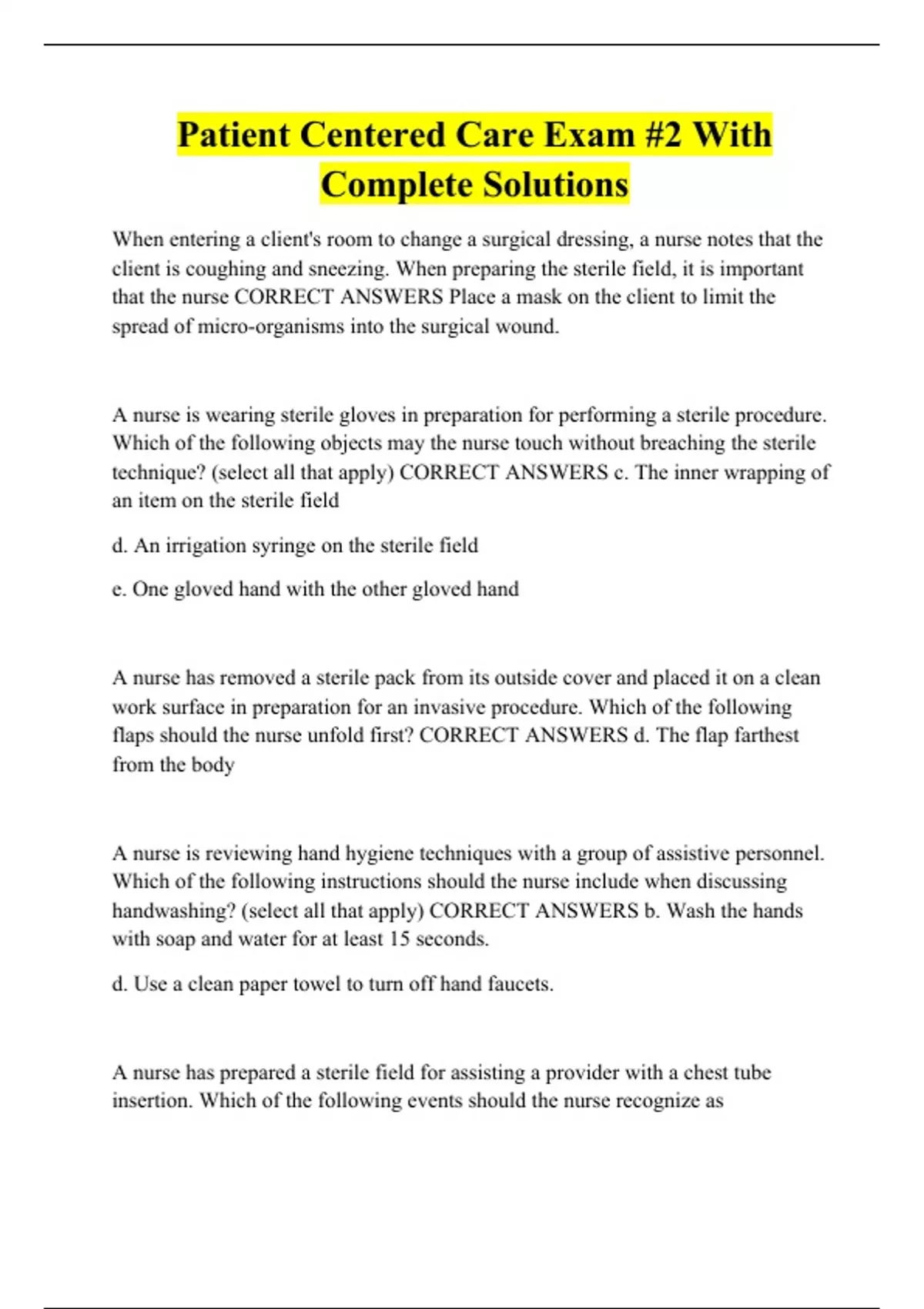 Patient Centered Care Exam #2 With Complete Solutions - Client centered care - Stuvia US