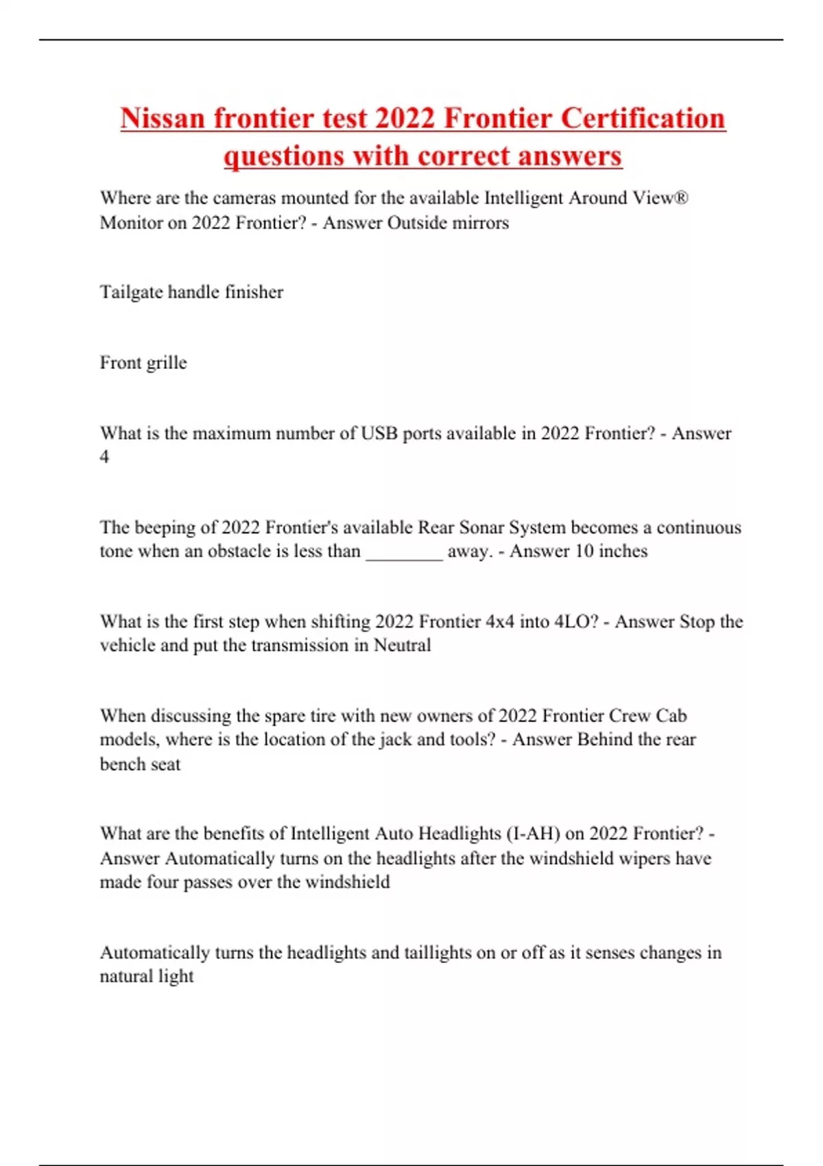 Nissan frontier test 2022 Frontier Certification questions with correct ...