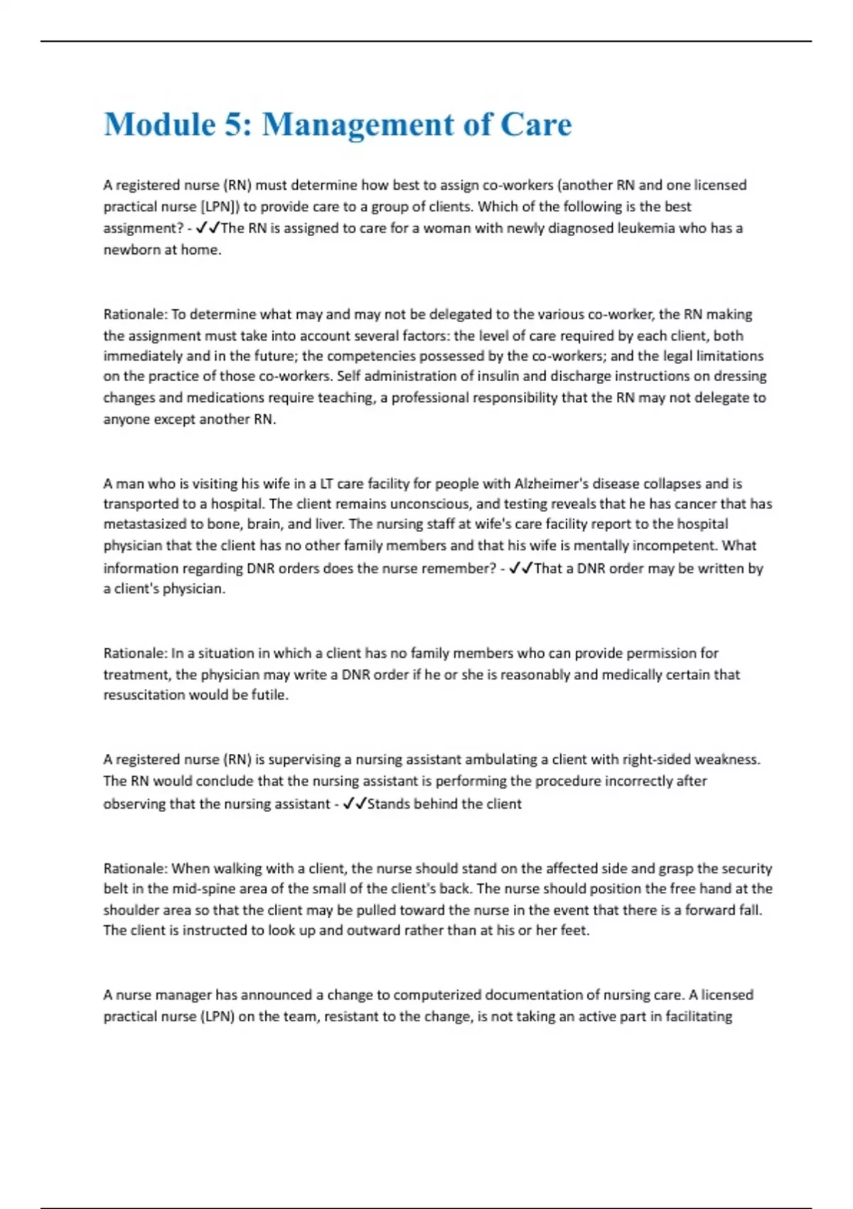 Module 5: Management of Care | 100 Questions and Answers 100% Verified ...