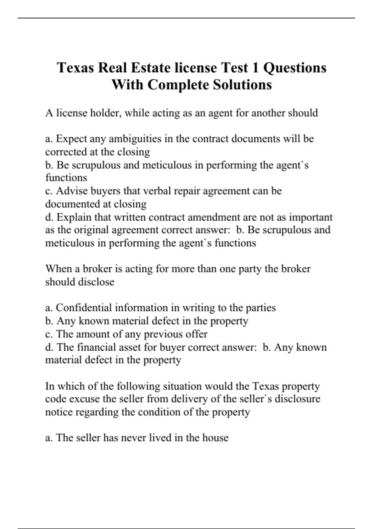 Texas Real Estate license Test 1 Questions With Complete Solutions ...