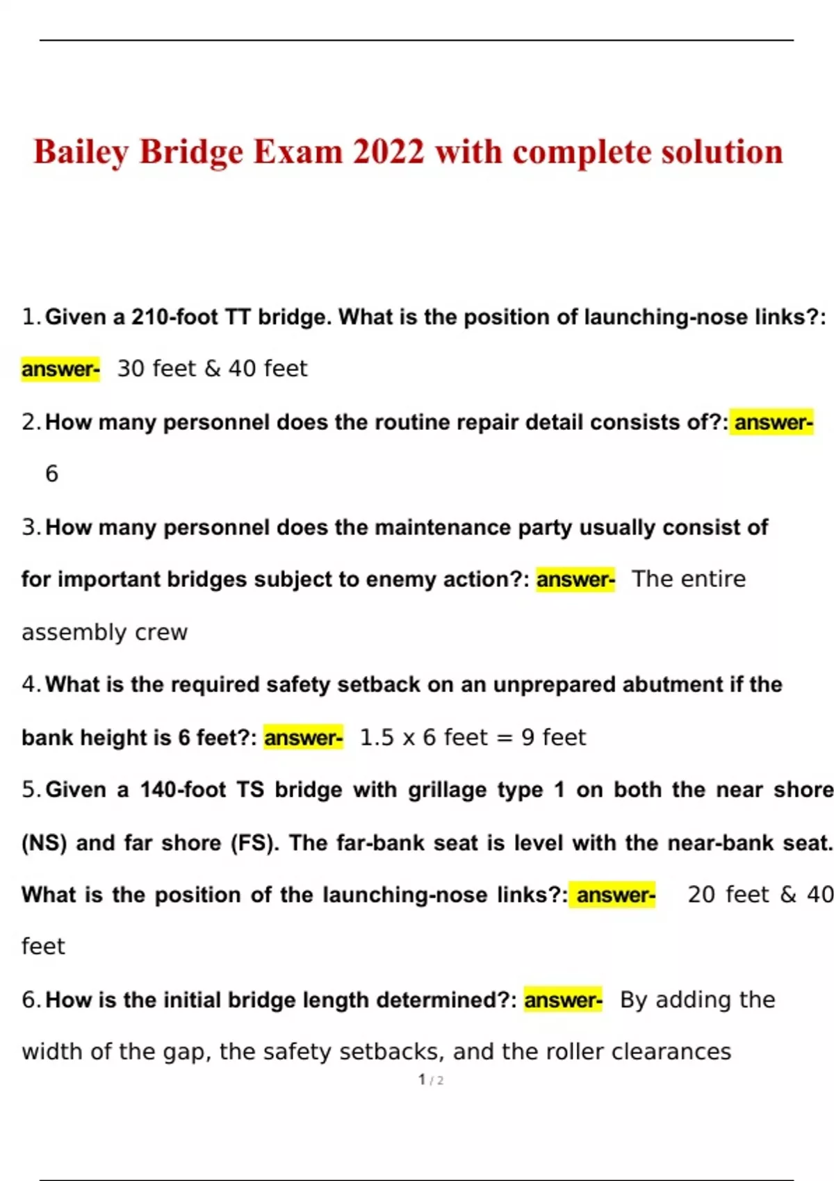 Bailey Bridge Exam 2022 with complete solution - Bailey Bridge - Stuvia US