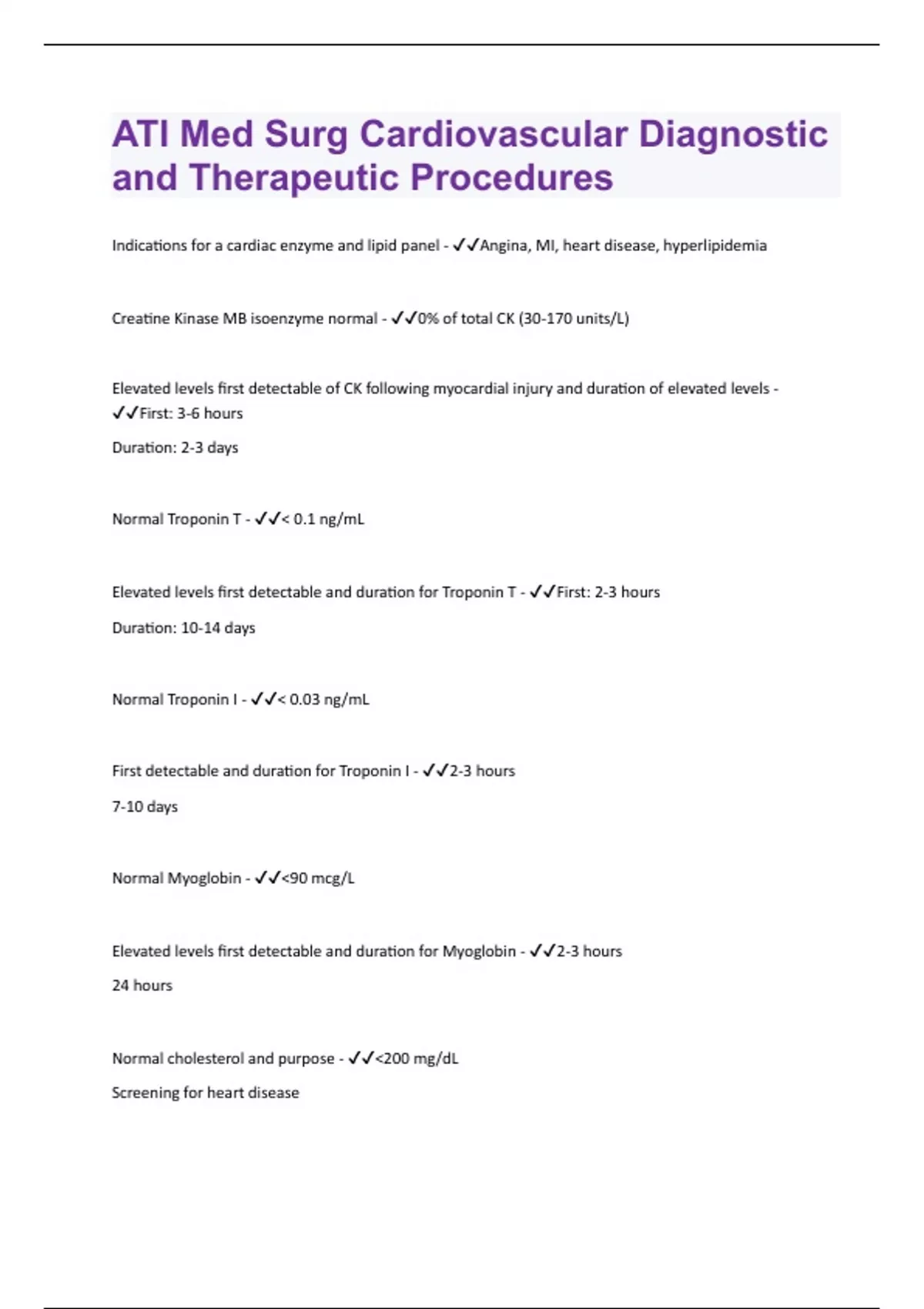 ATI Med Surg Cardiovascular Diagnostic and Therapeutic Procedures ...
