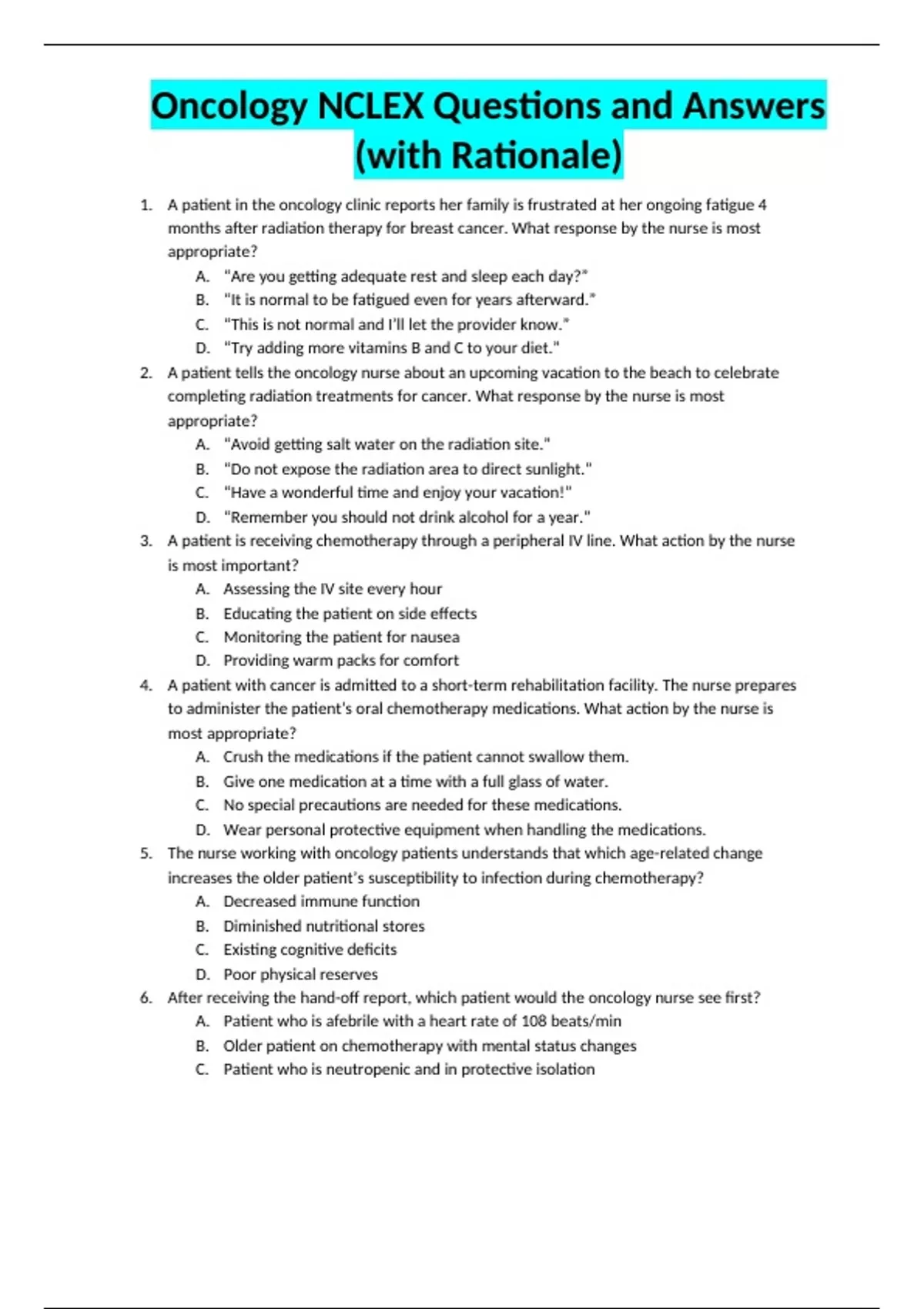Oncology NCLEX Questions and Answers (with Rationale) - Oncology NCLEX ...