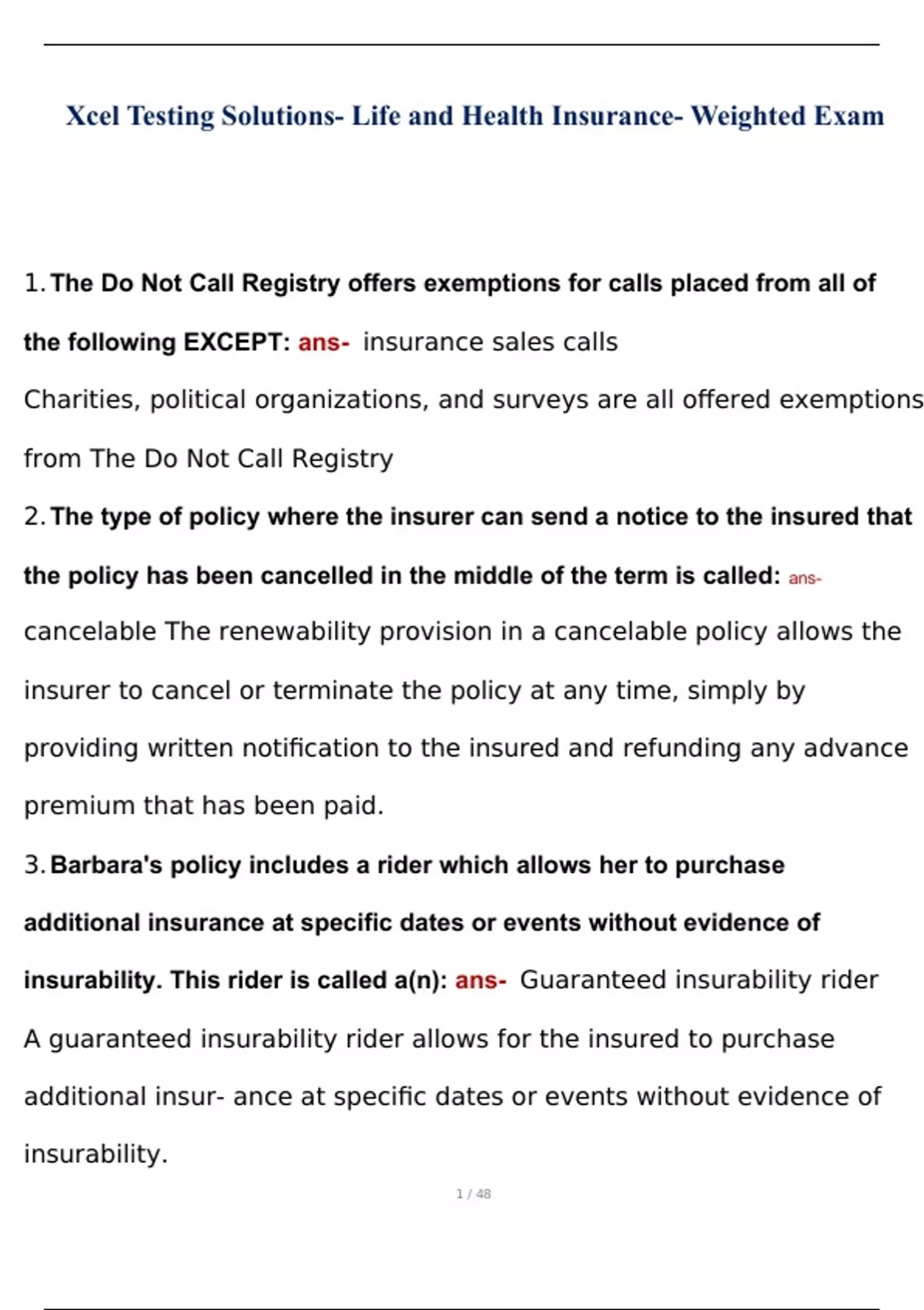 Xcel Testing Solutions- Life and Health Insurance- Weighted Exam- 150 ...