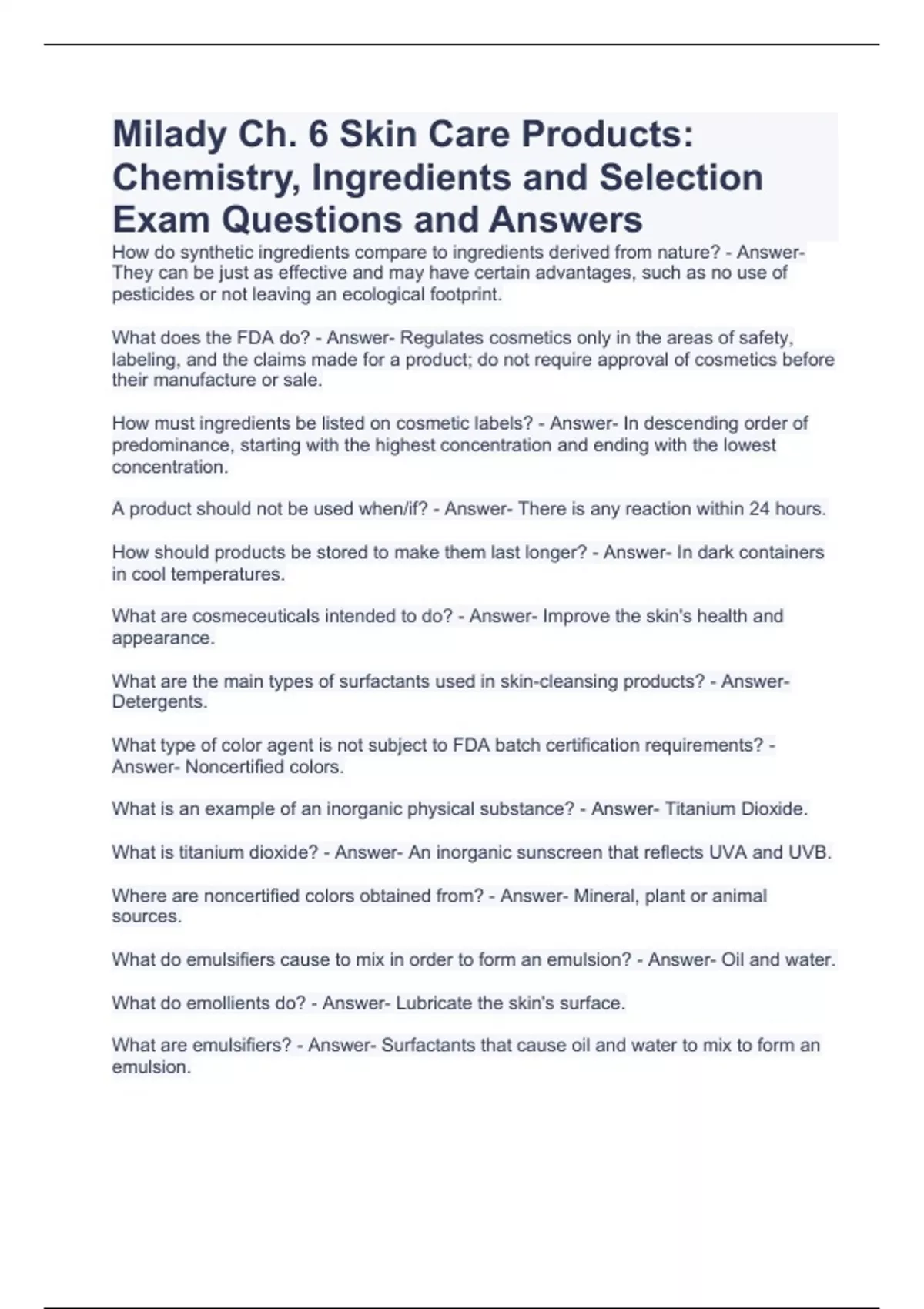 Milady Ch. 6 Skin Care Products: Chemistry, Ingredients and Selection ...