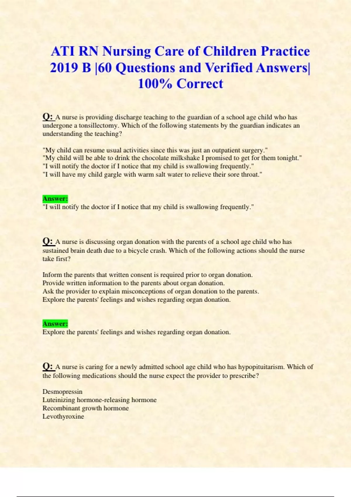 ATI RN Nursing Care of Children Practice 2019 B |60 Questions and ...