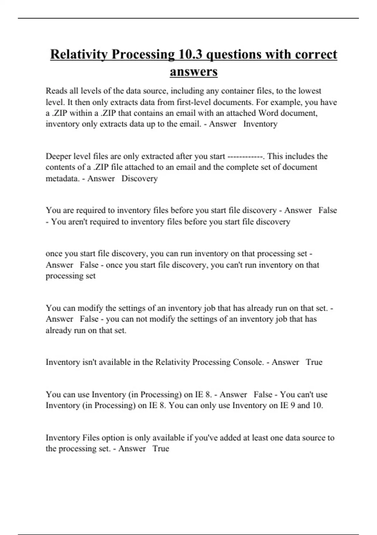 Relativity Processing 10.3 questions with correct answers - Relativity Processing - Stuvia US