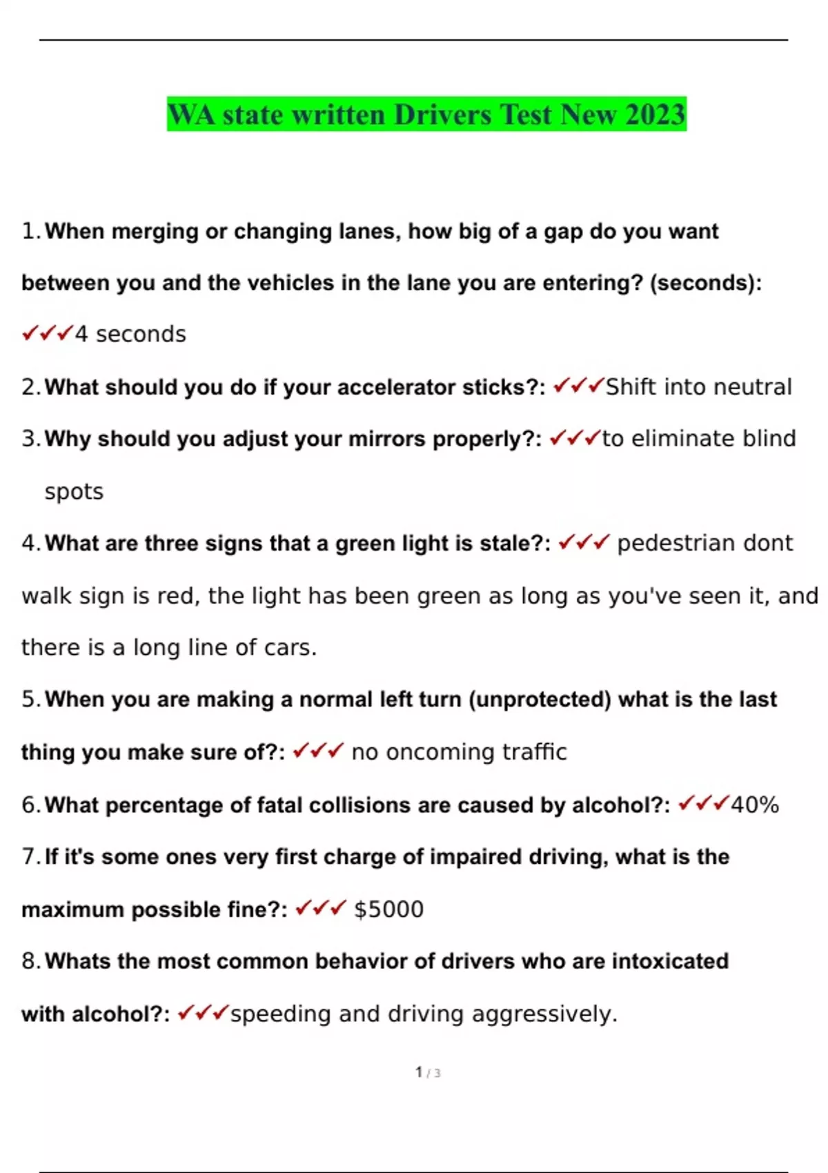 WA state written Drivers Test New 2023 Questions and Answers 100% ...