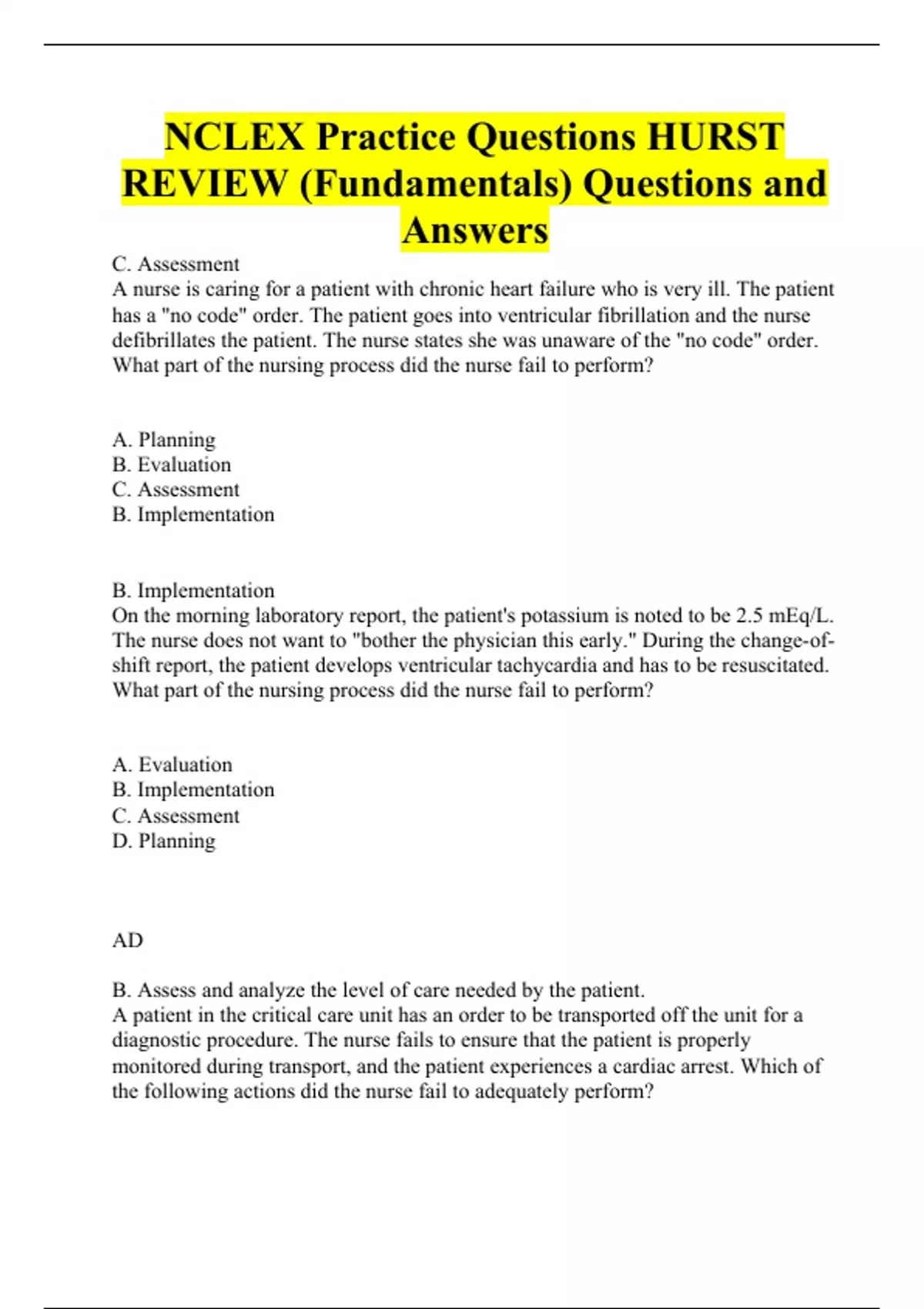 NCLEX Practice Questions HURST REVIEW (Fundamentals) Questions and ...