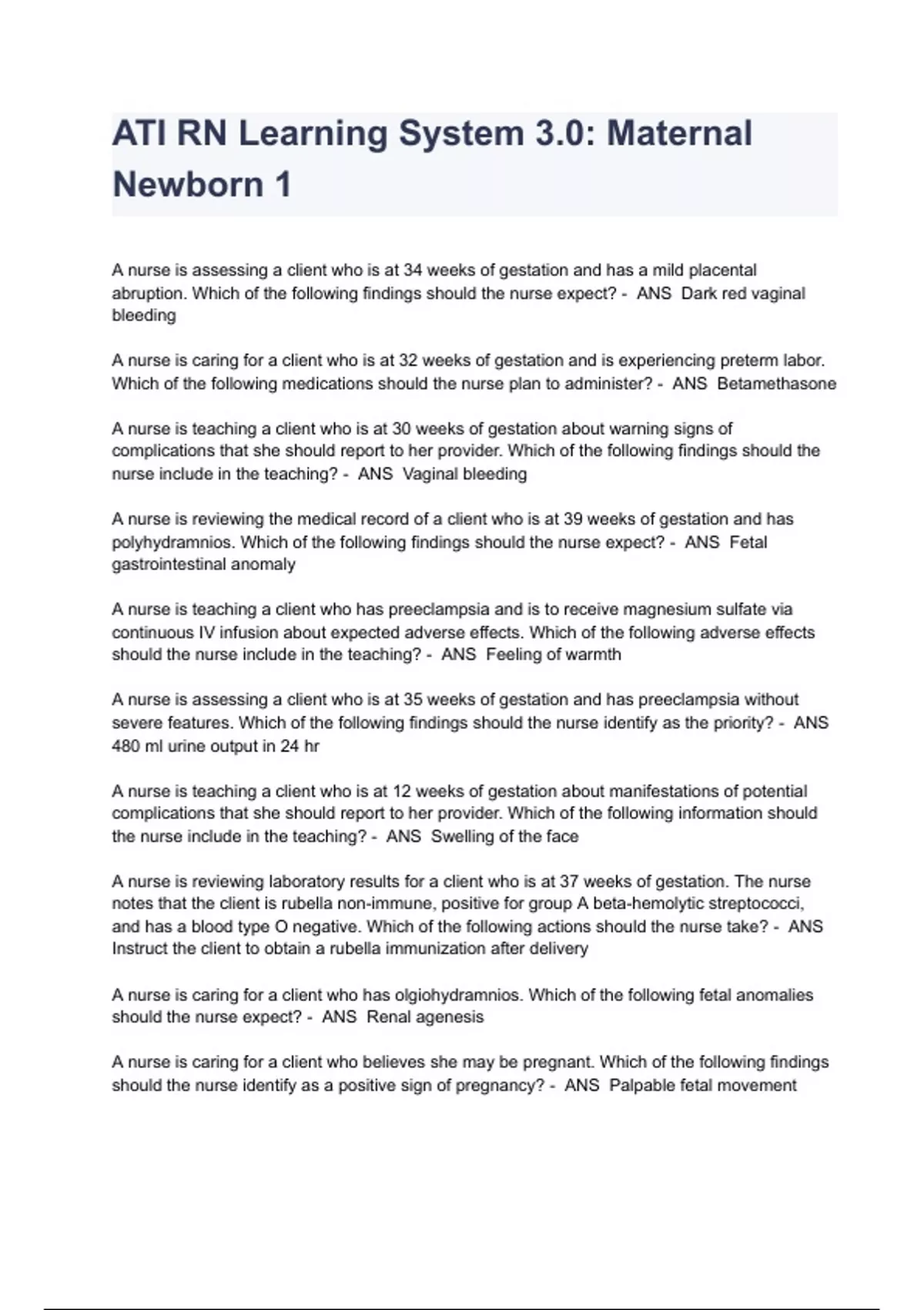 ATI RN Learning System 3.0: Maternal Newborn 1 Exam Questions And ...