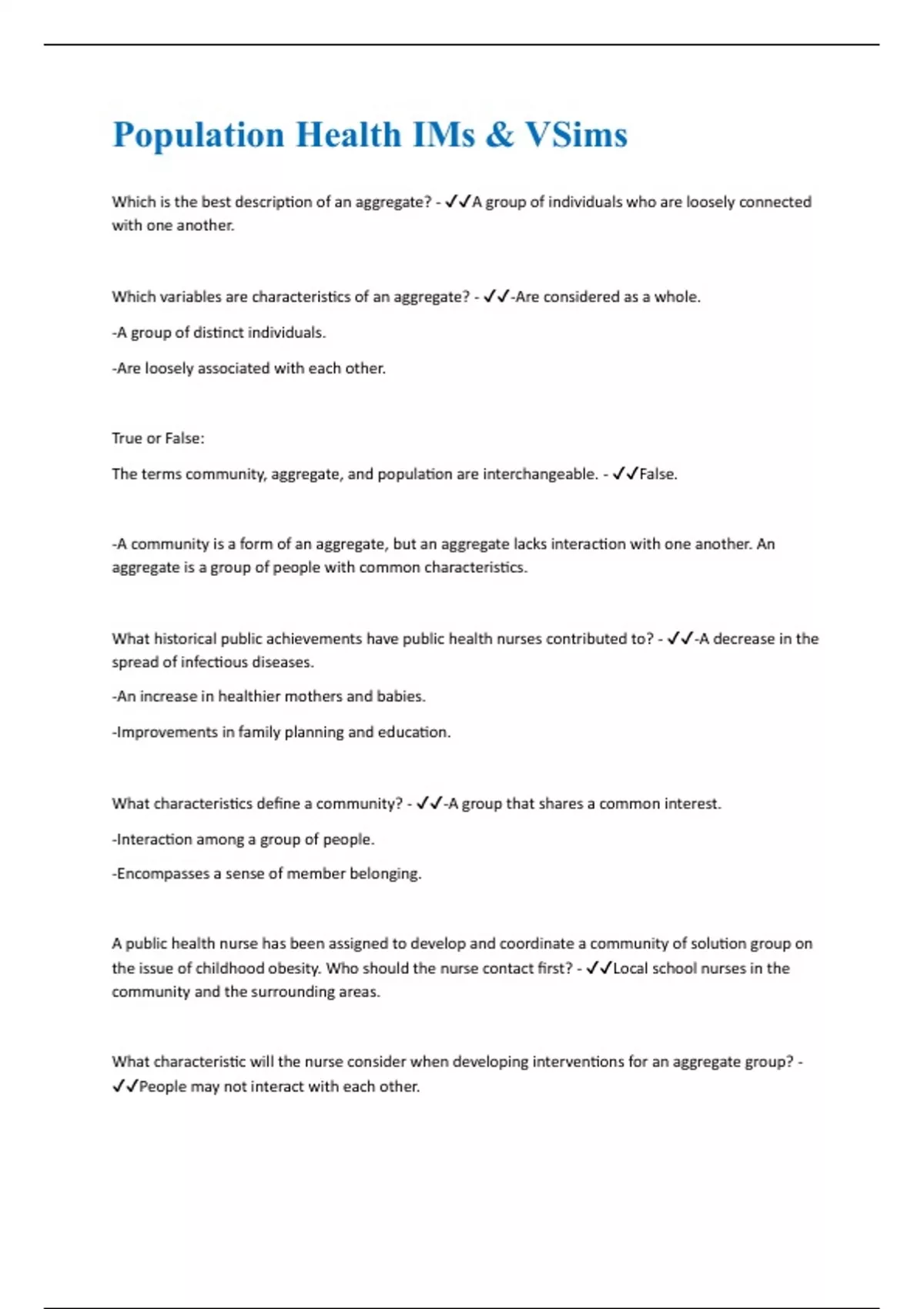 Population Health IMs & VSims | 223 Questions and Answers(A+ Solution ...