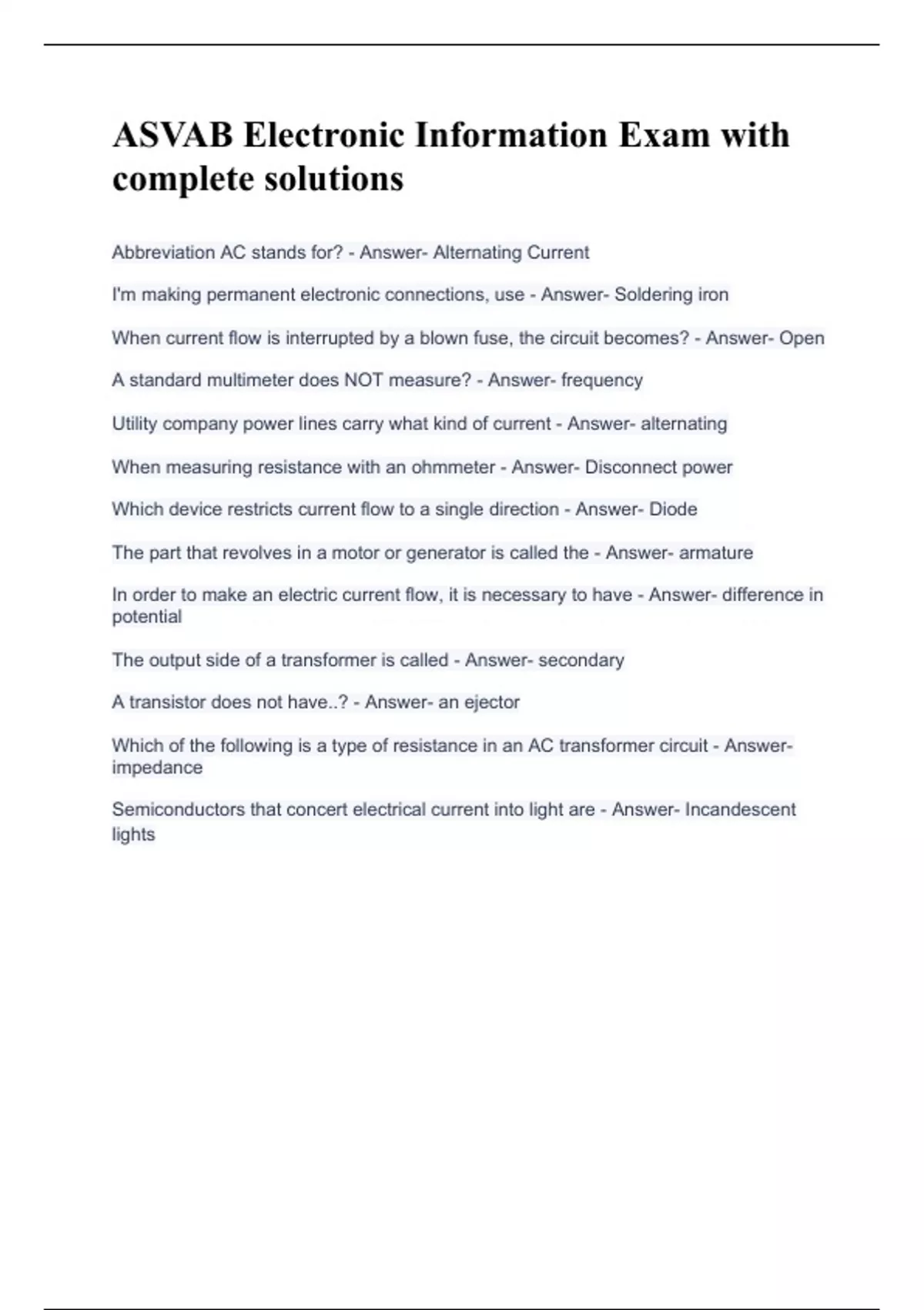 ASVAB Electronic Information Exam with complete solutions - ASVAB ...