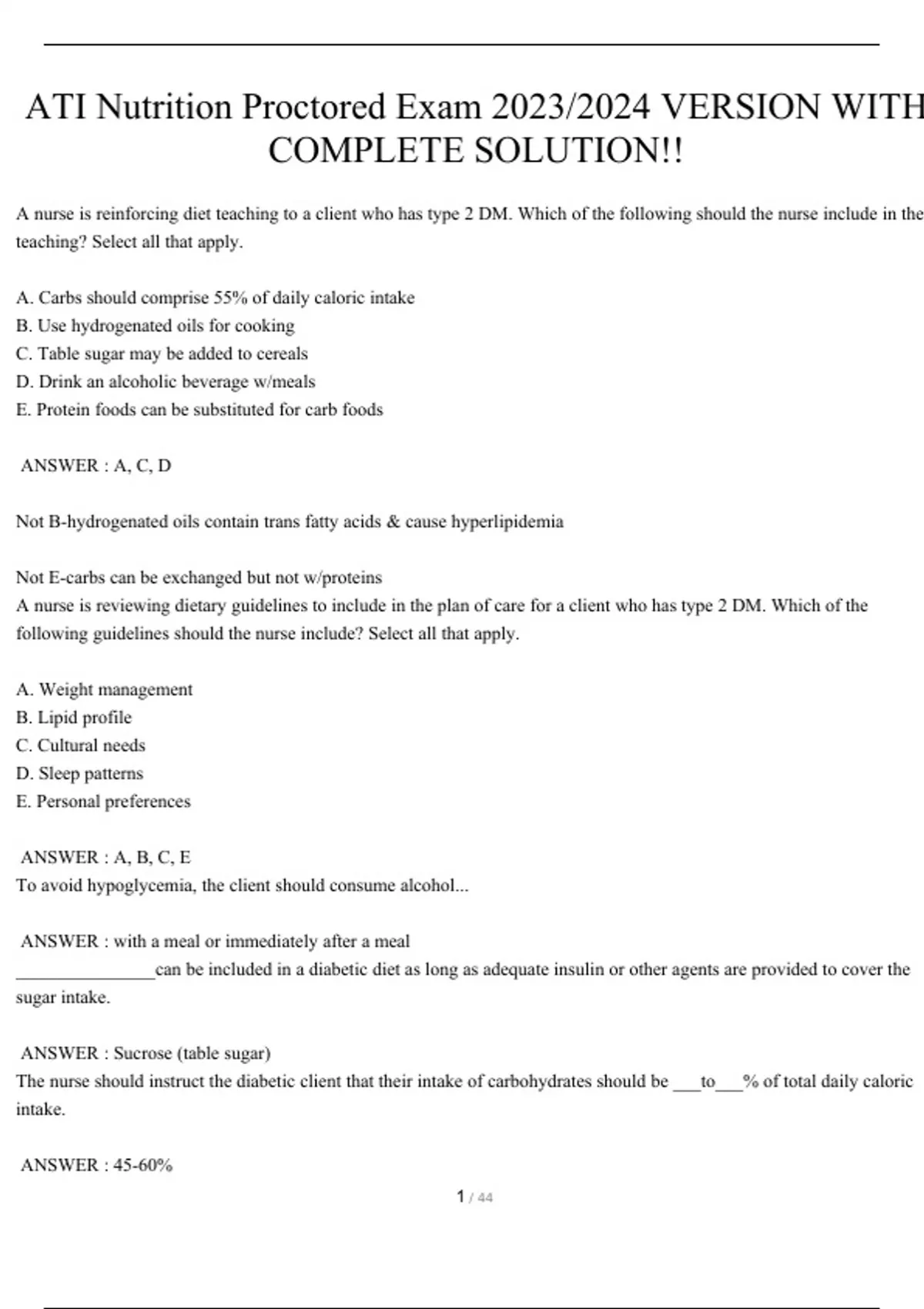 ATI Nutrition Proctored Exam 2023/2024 VERSION WITH COMPLETE SOLUTION ...