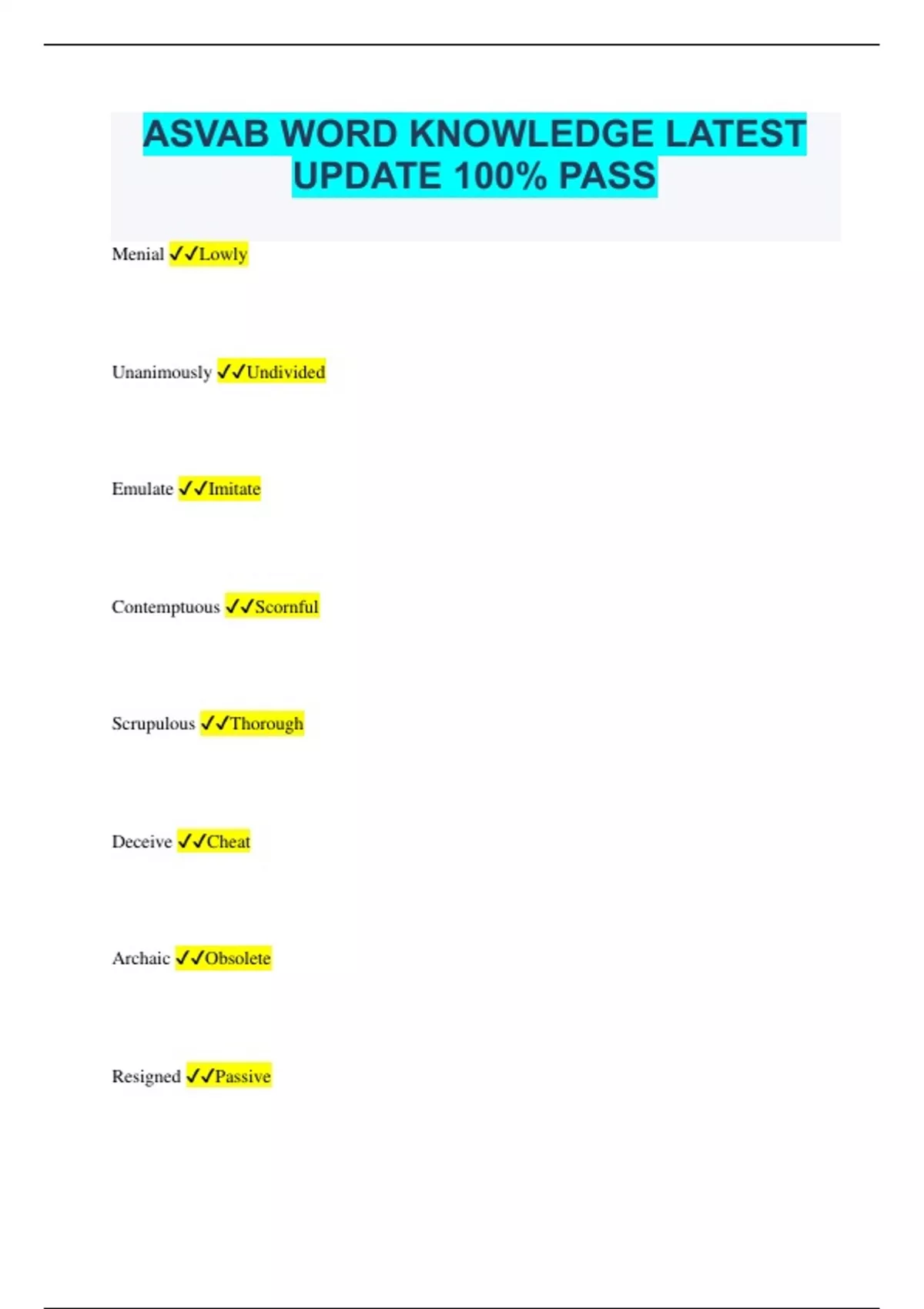 ASVAB WORD KNOWLEDGE LATEST UPDATE 100% PASS - ASVAB - Stuvia US