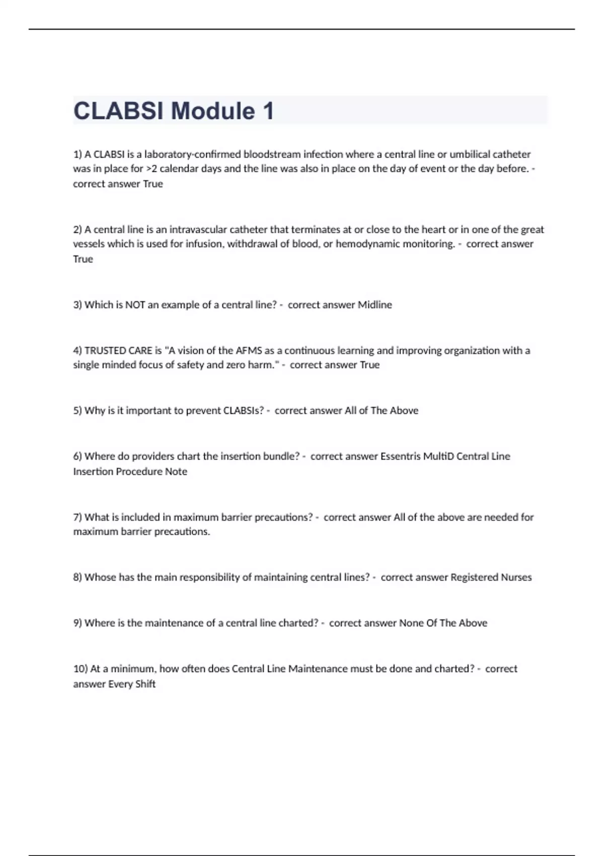 CLABSI Module 1 questions and verified correct answers - Clabsi - Stuvia US