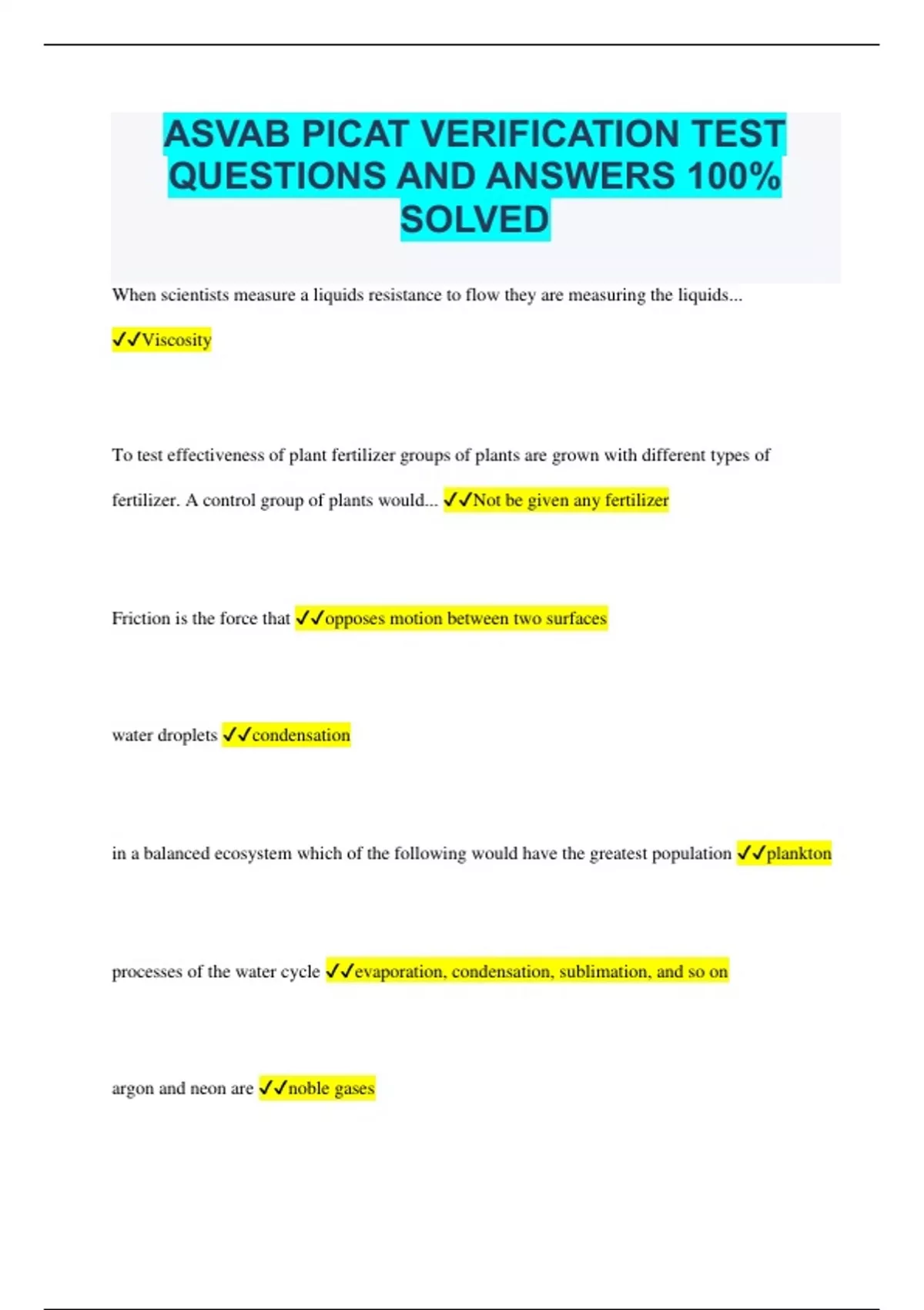 ASVAB PICAT VERIFICATION TEST QUESTIONS AND ANSWERS 100% SOLVED - ASVAB ...