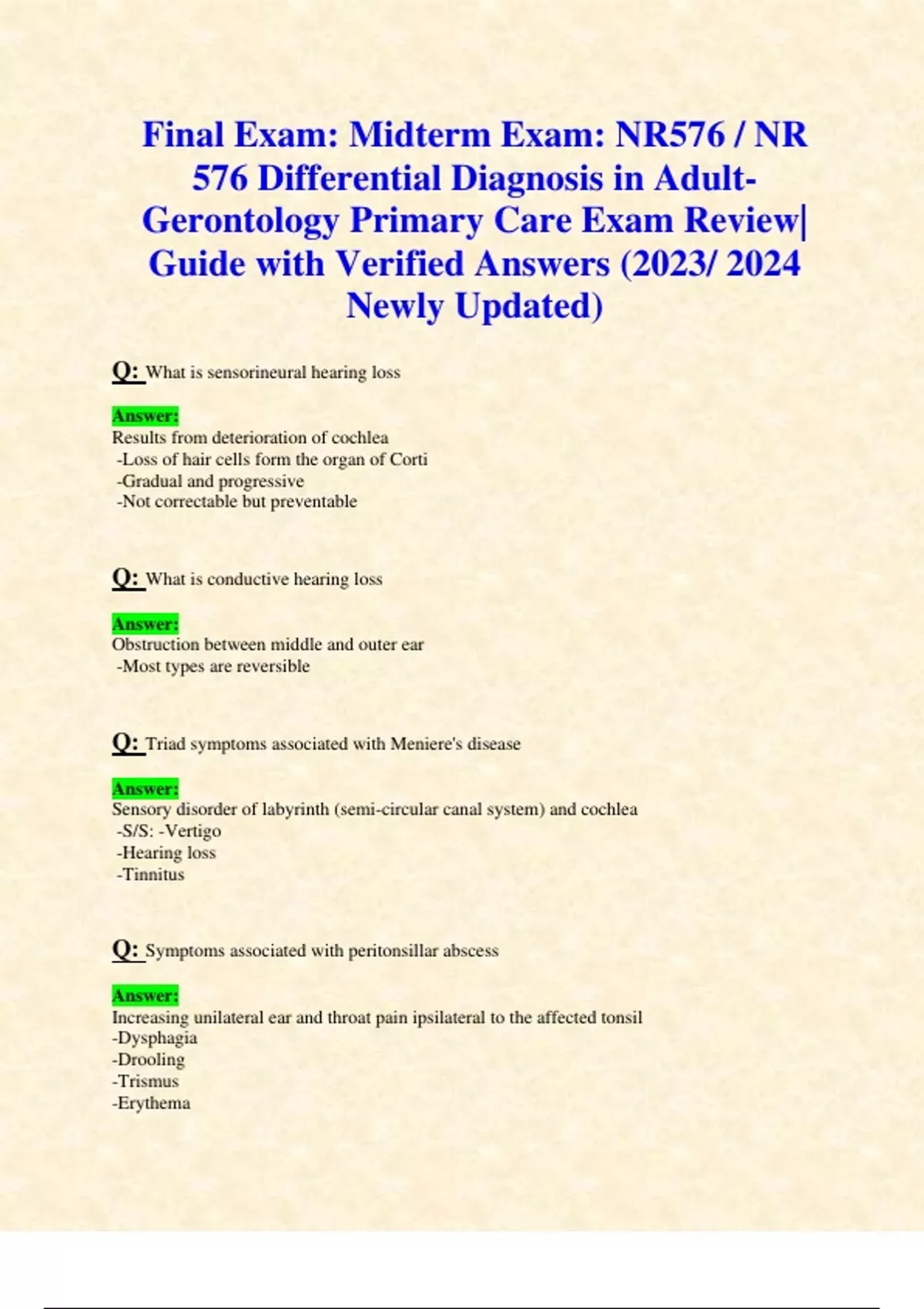 Final Exam: Midterm Exam: NR576 / NR 576 Differential Diagnosis in ...