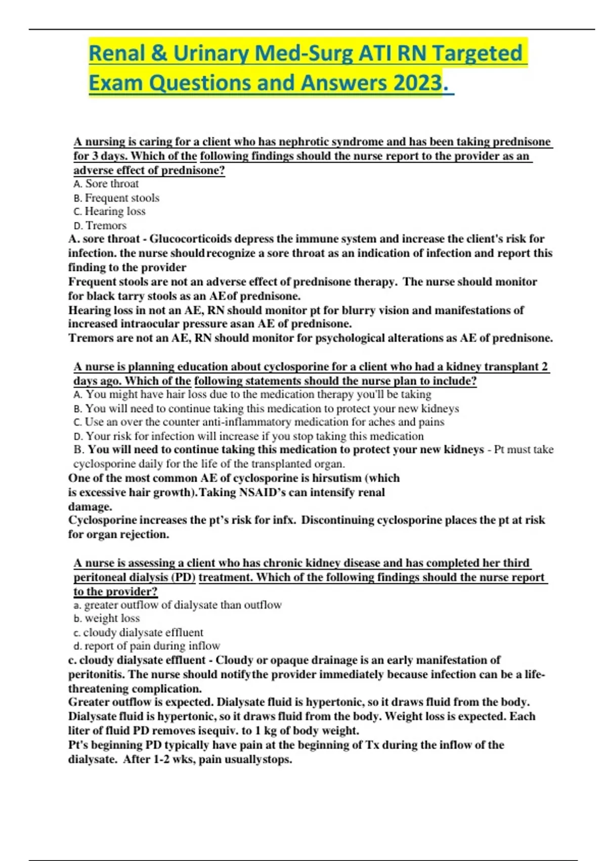Renal & Urinary Med-Surg ATI RN Targeted Exam Questions and Answers ...
