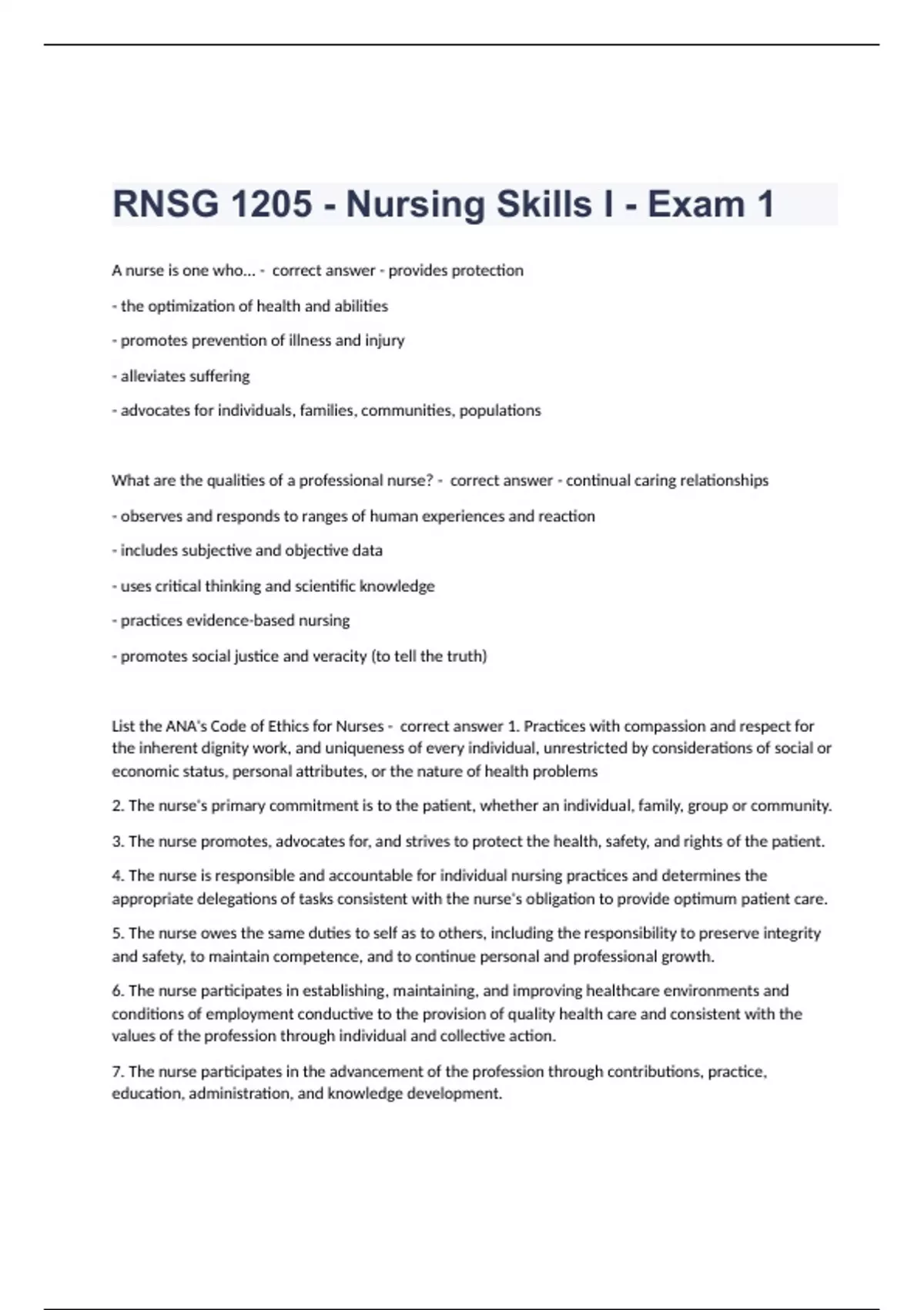 RNSG 1205 - Nursing Skills I - Exam 1 questions and complete correct answers - RNSG - Stuvia US