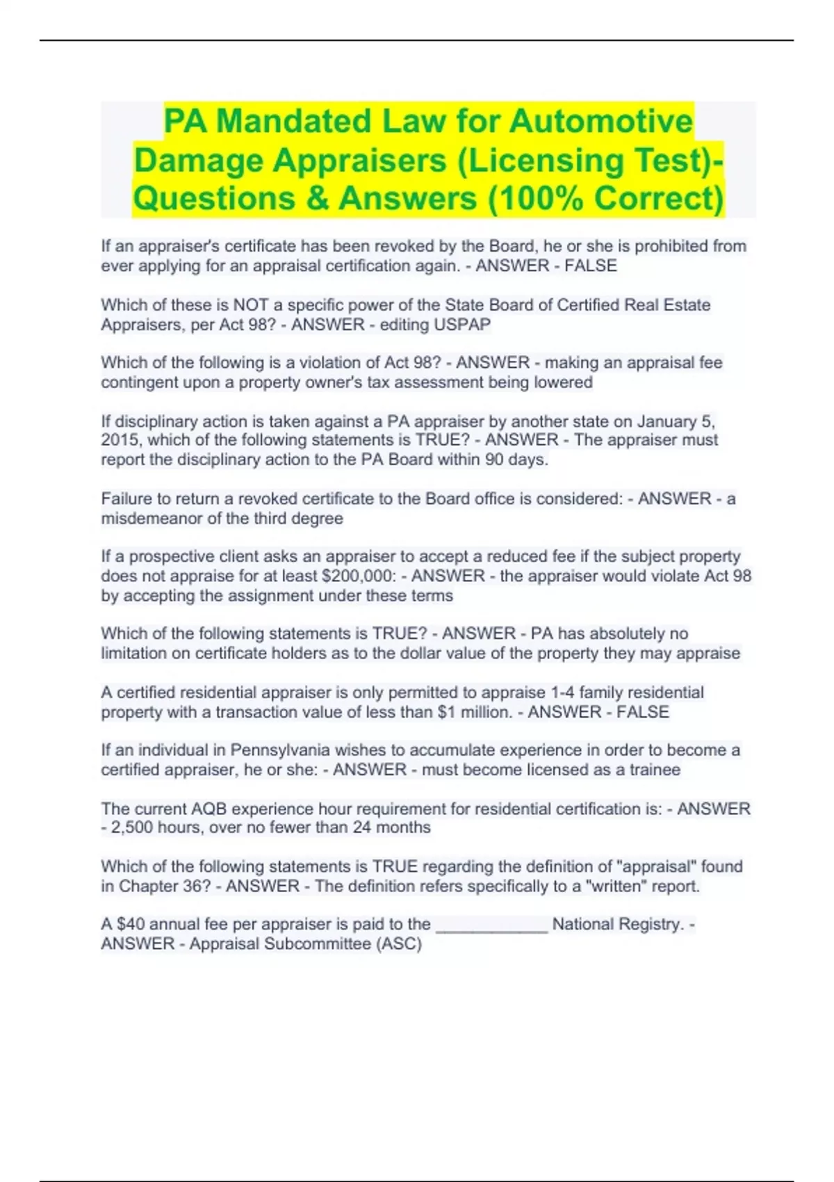 PA Mandated Law for Automotive Damage Appraisers (Licensing Test ...