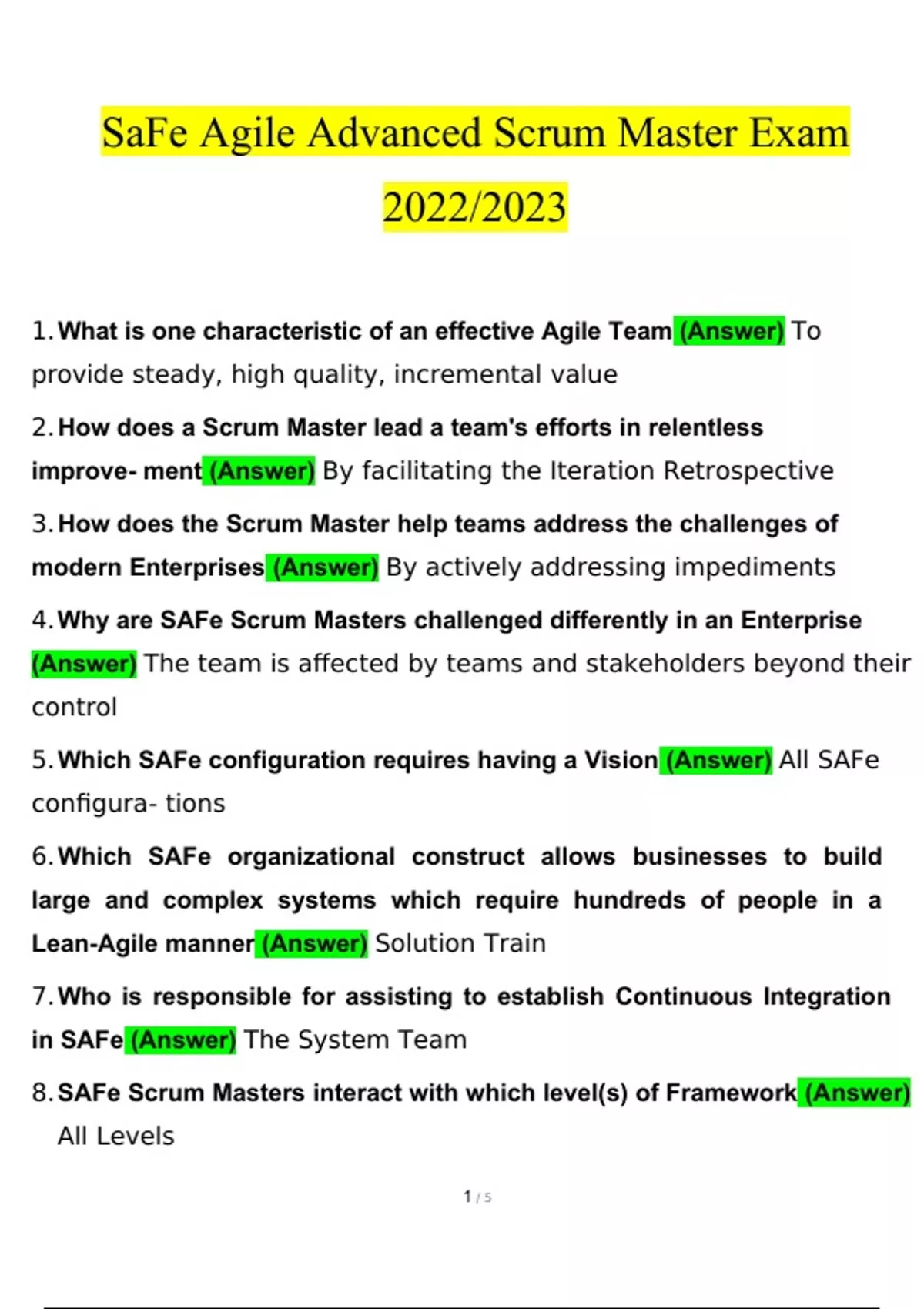 Safe Agile Advanced Scrum Master Exam Questions And Answers} Latest Correct Answers Agile