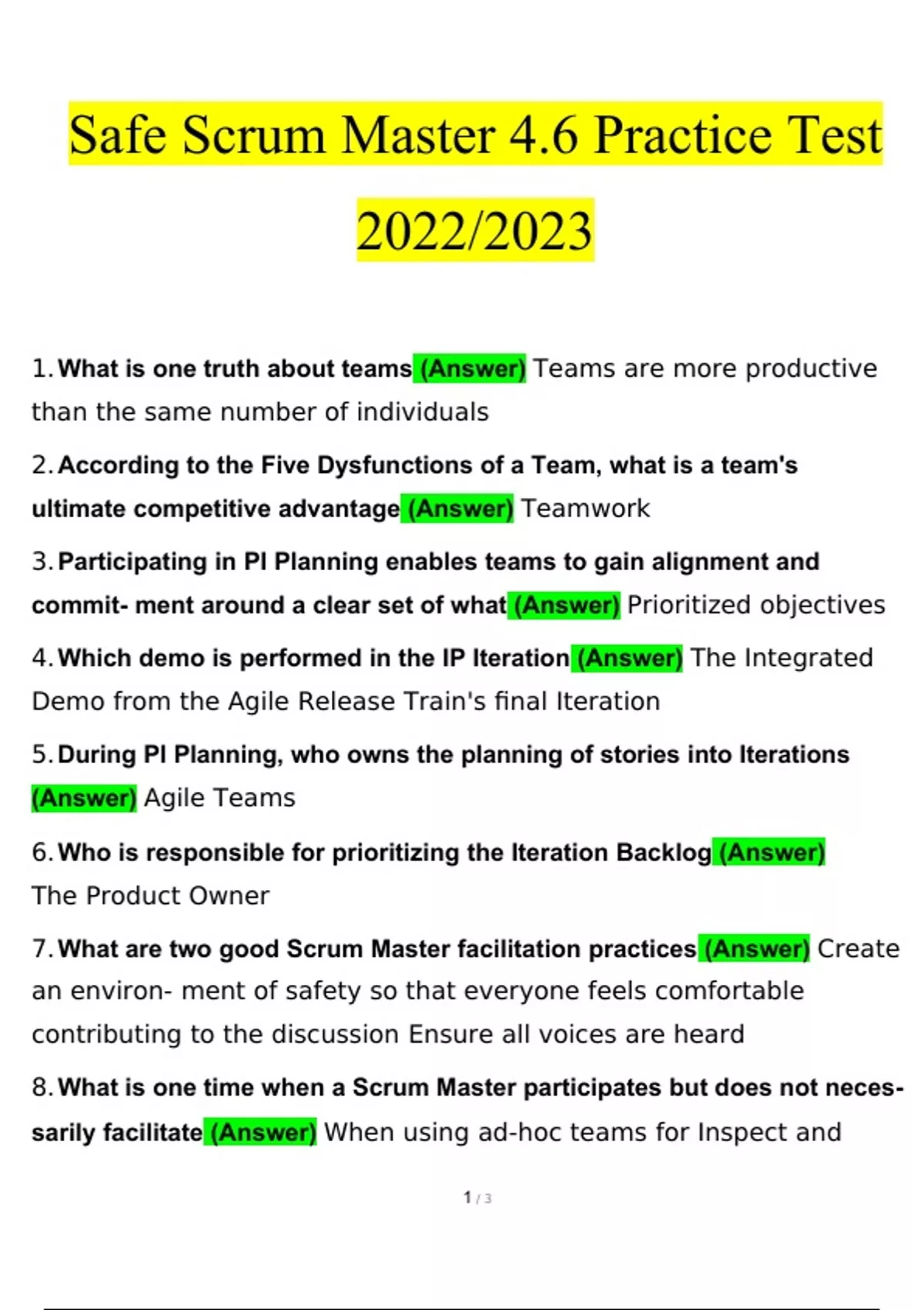Safe Scrum Master 4.6 PractTest questions and answers} Latest % correct ...