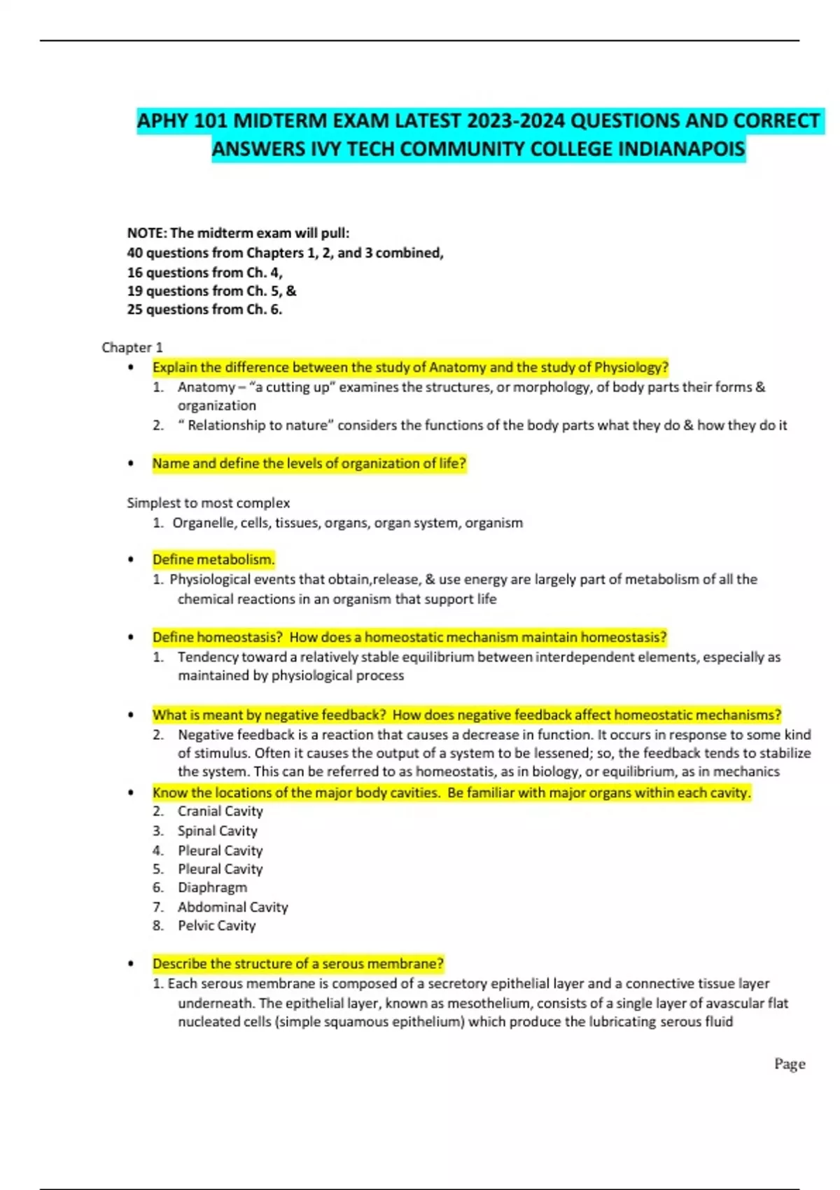 APHY 101 MIDTERM EXAM LATEST QUESTIONS AND CORRECT ANSWERS IVY TECH ...